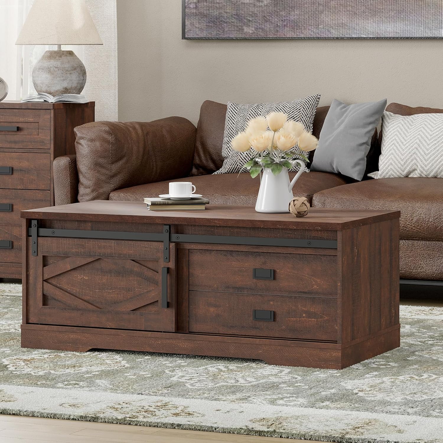 Rectangular Coffee Table with Sliding Barn Door,Rustic Center Table ...