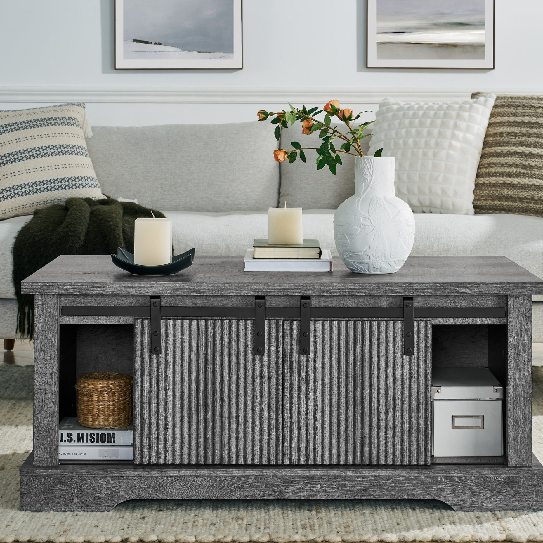 Rectangular Coffee Table with Sliding Doors and Adjustable Shelving ...
