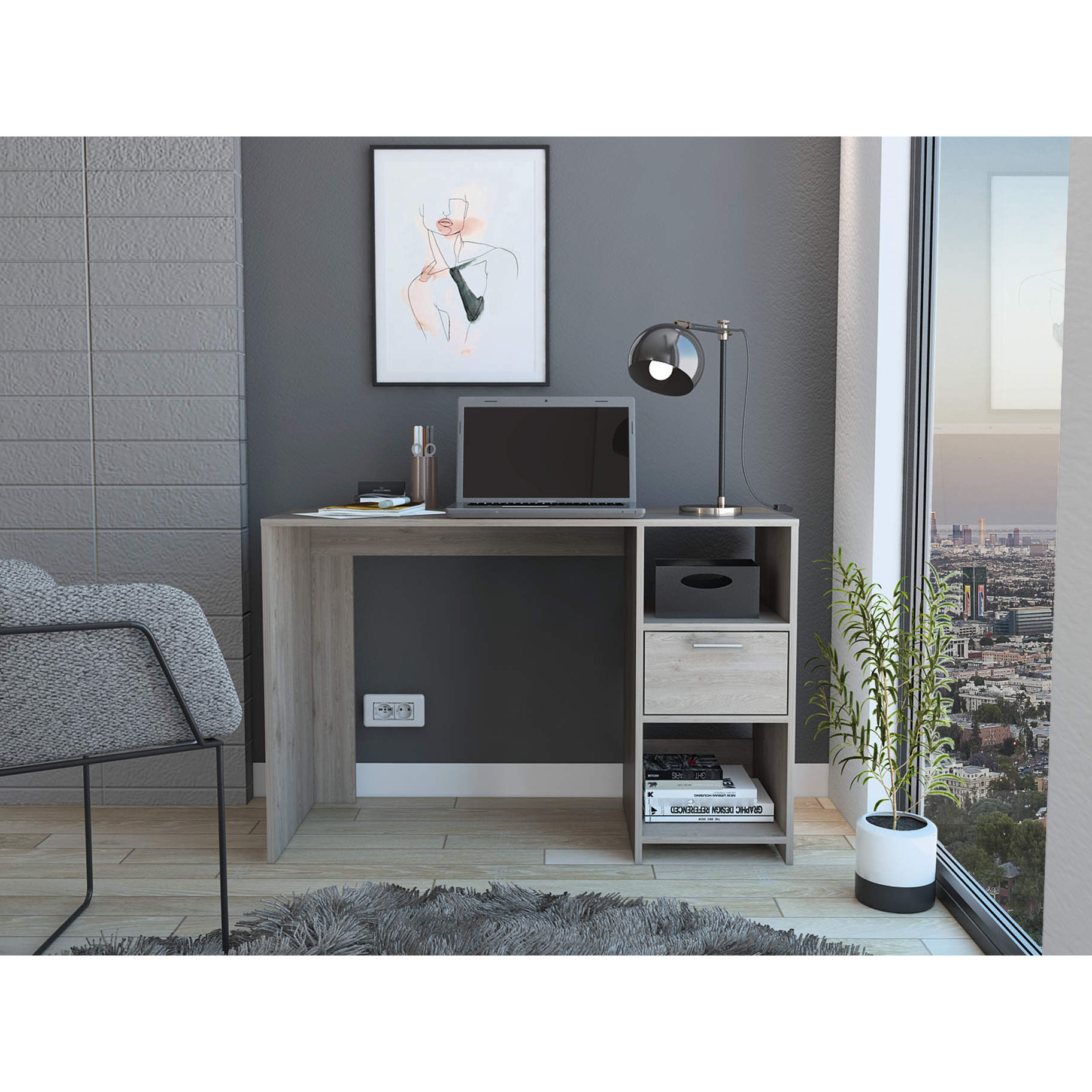Rectangular Computer Desk For Work, Grey, With One Drawer And Two ...