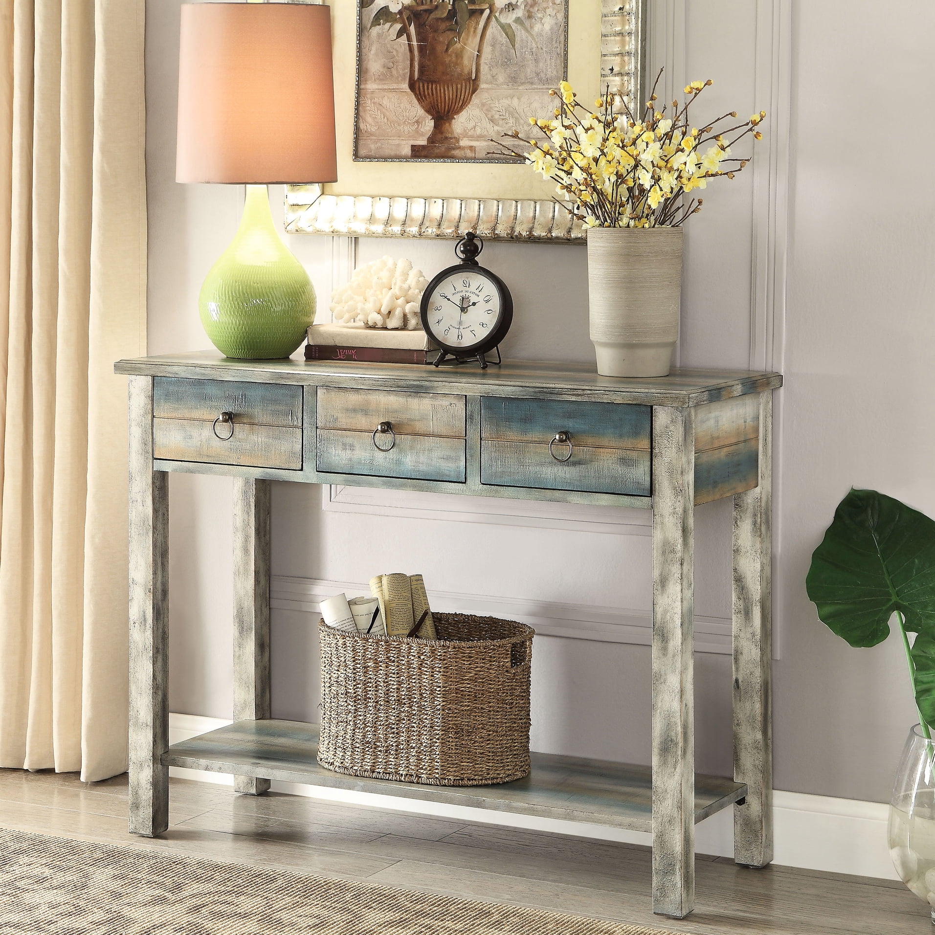 Rectangular Console Table In Antique Grey And Teal For Functional Home ...