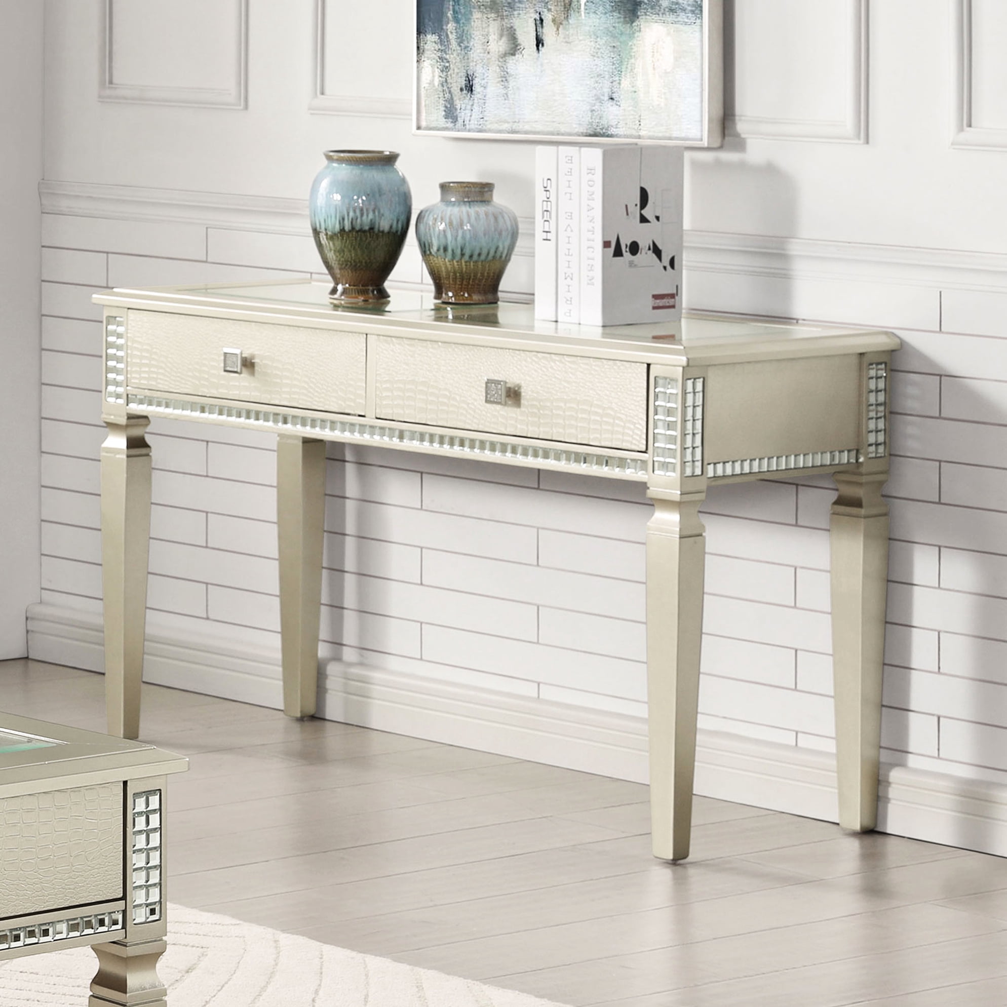 Rectangular Console Table With Silver Hardware And Storage 5mm Tempered ...