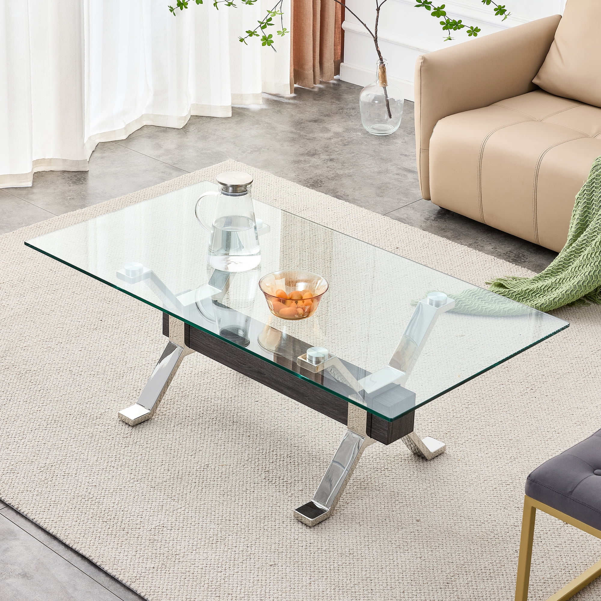 Rectangular Dining Table, 50" Glass Coffee Table With Plating Metal ...