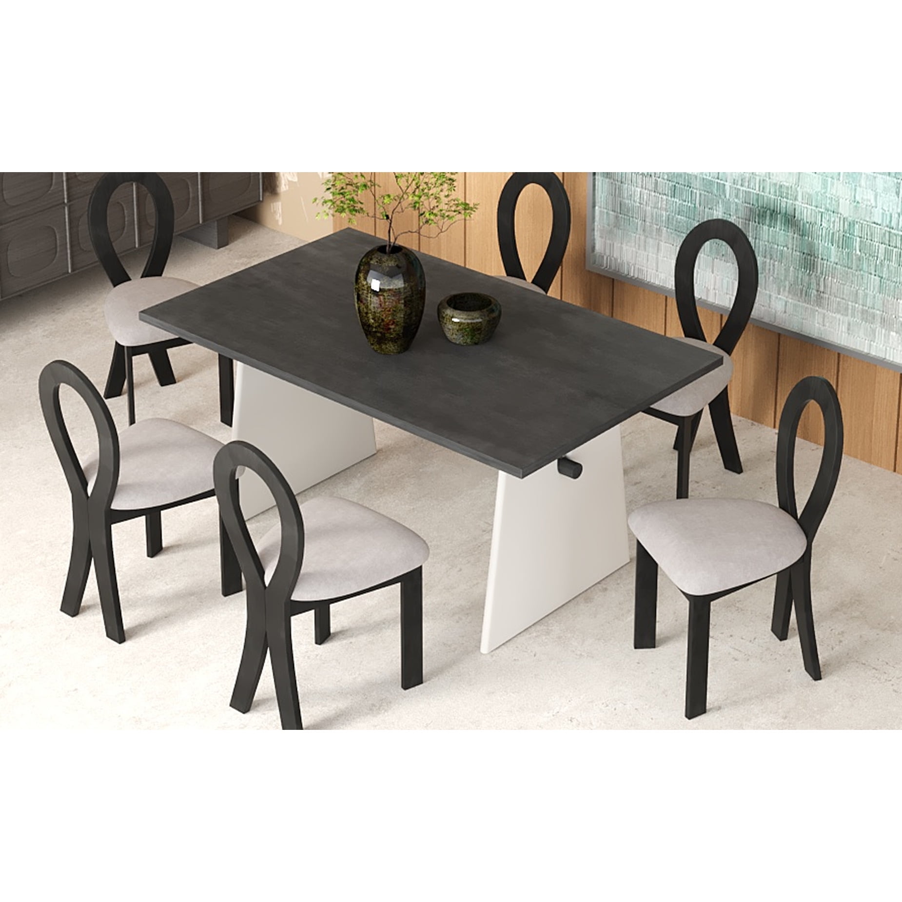 Rectangular Dining Table For 6 With Upholstered Chairs, Solid Rubber Wood 6, Grey, Design ...