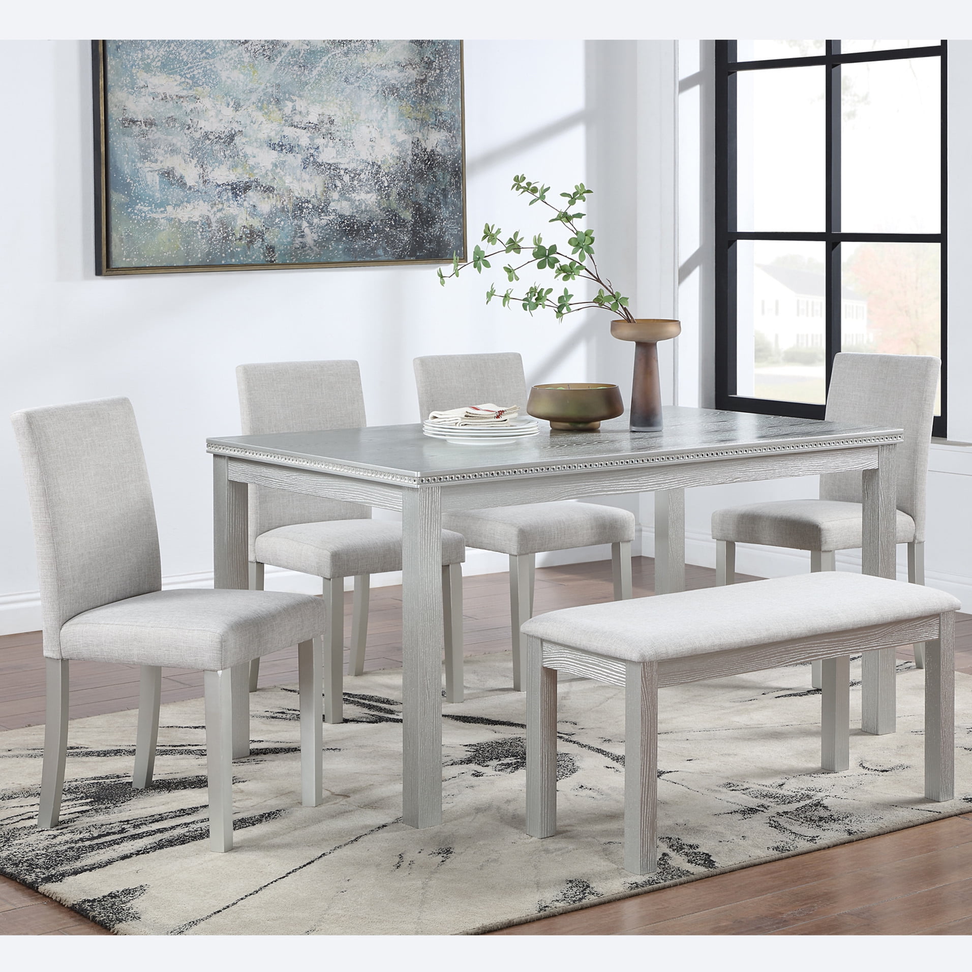 Rectangular Dining Table With 6 Capacity, Silver Grey, Solid Wood And ...