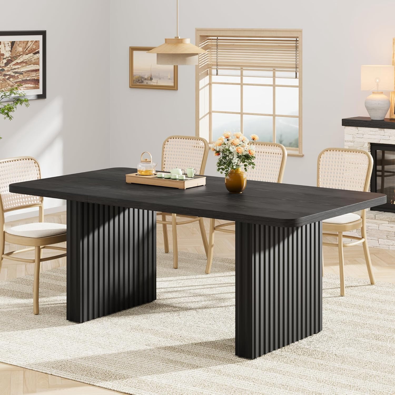 Rectangular Dining Table with Unique Wave Iron Legs, Modern Wood ...