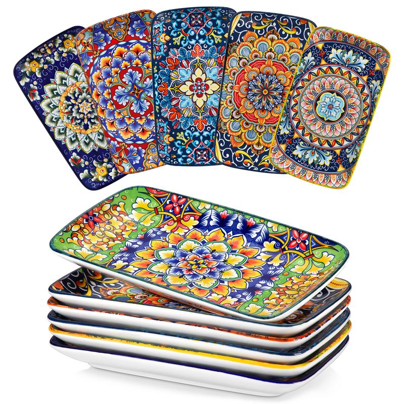 Rectangular Dinner Plates - Salad Plates Set of 3/6 - Vibrant Bohemian ...