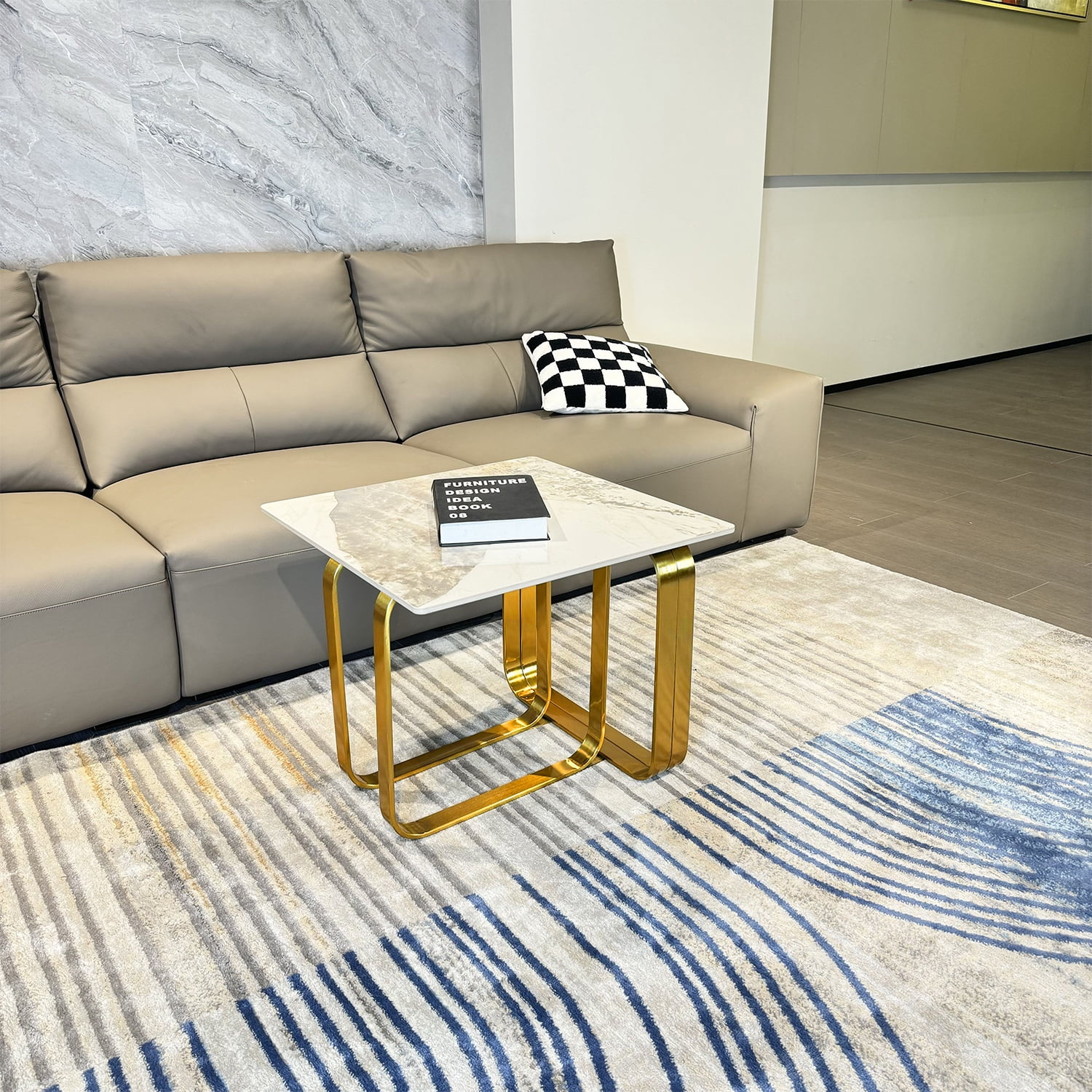 Rectangular End Table with Sintered Stone Top,Gold Metal Frame for ...