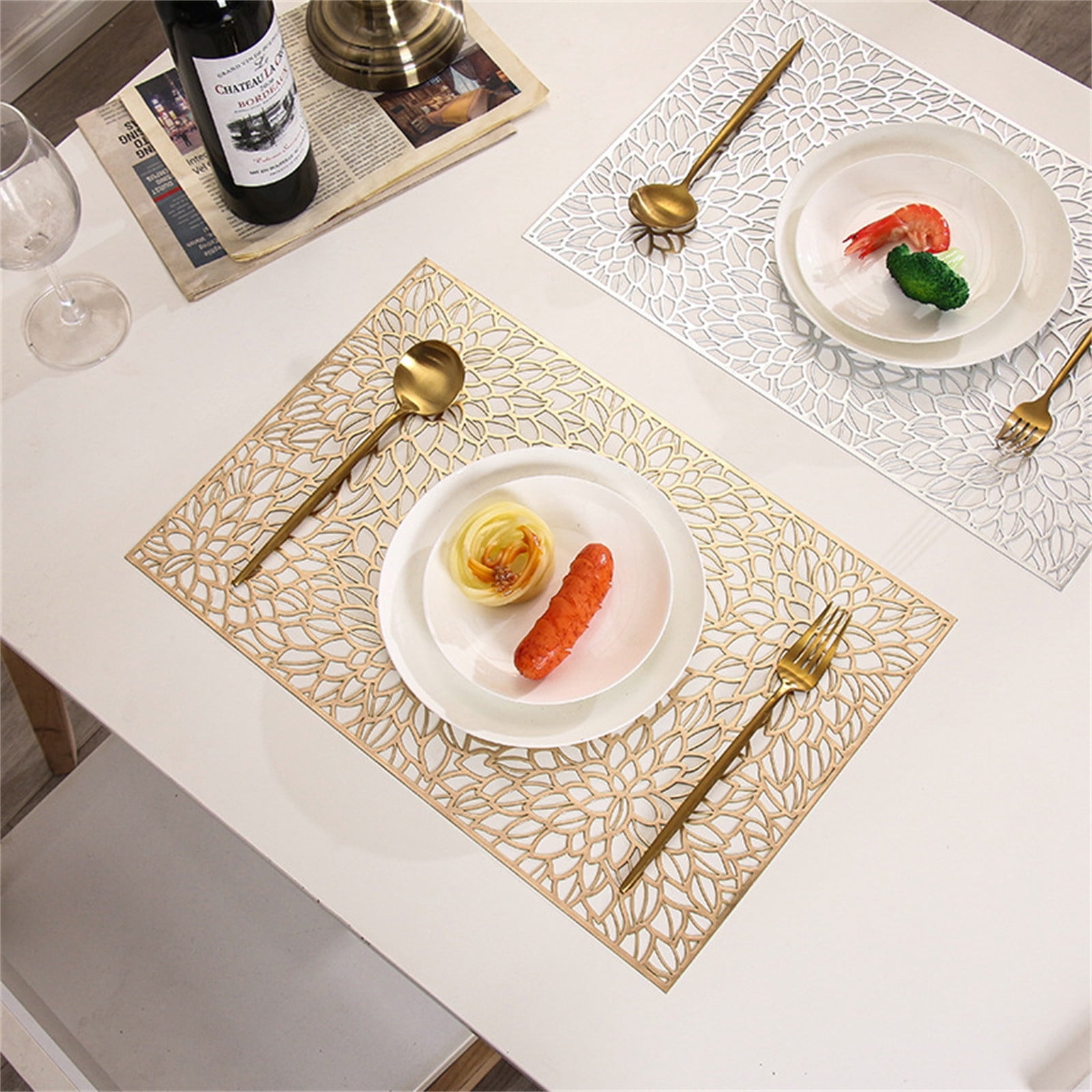 Rectangular Flower PVC Placemat, Heat-Resistant Gold Table Mat for Home ...