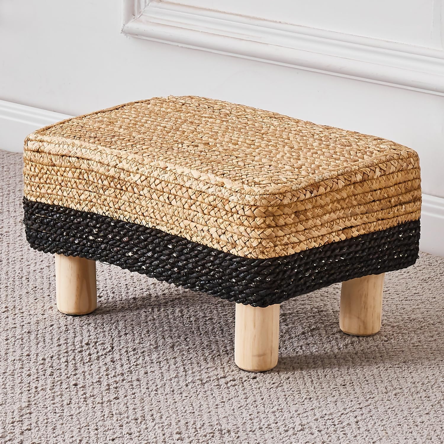 Rectangular Footstool Ottoman Pouf Natural Seagrass with Wooden Legs ...