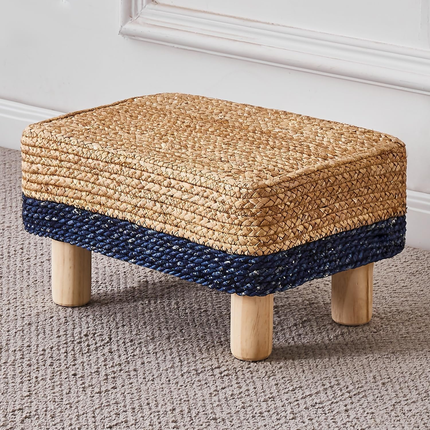 Rectangular Footstool Ottoman Seagrass Footrest with Wooden Legs ...