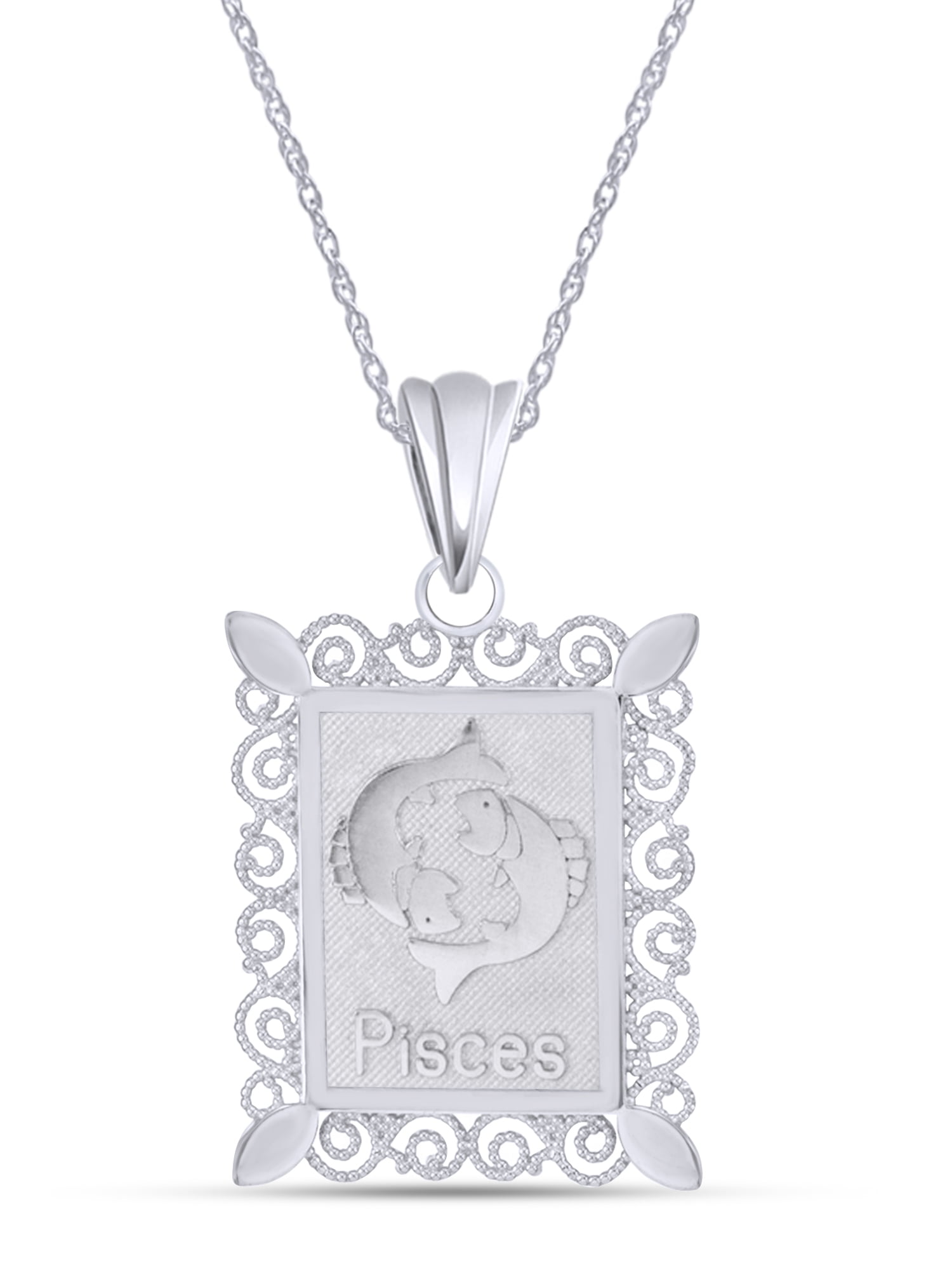 Rectangular Frame Pisces Zodiac Sign Filigree Pendant Necklace In 14k ...