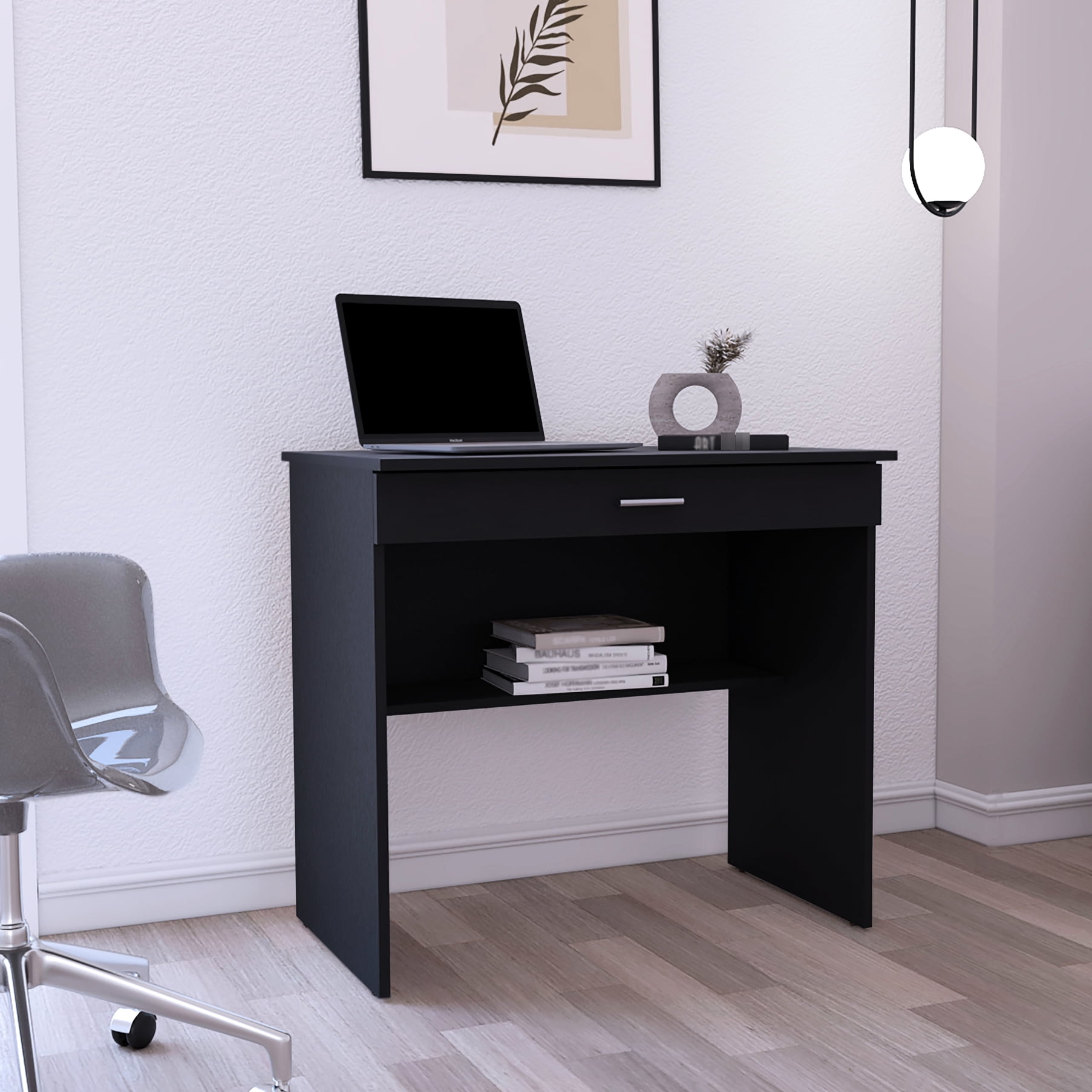 Rectangular Freestanding Computer Desk In Black, With Drawer & Lower ...