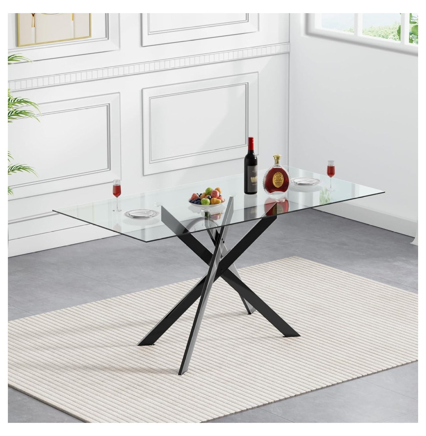 Rectangular Glass Dining Table, Tempered Glass and Metal Legs, Modern ...