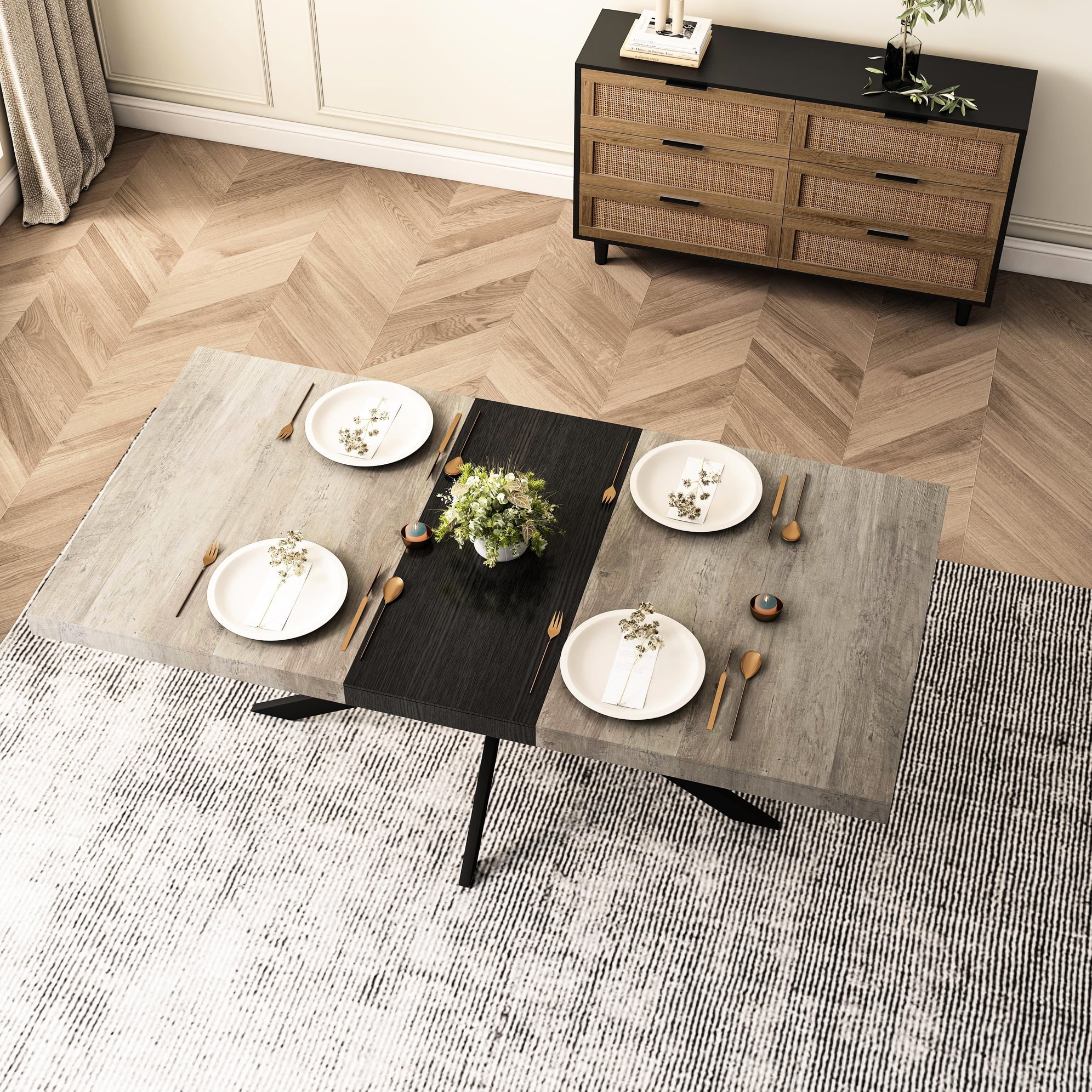 Rectangular Grey Stretchable Table, Black Center Plate, Iron Foot Base ...