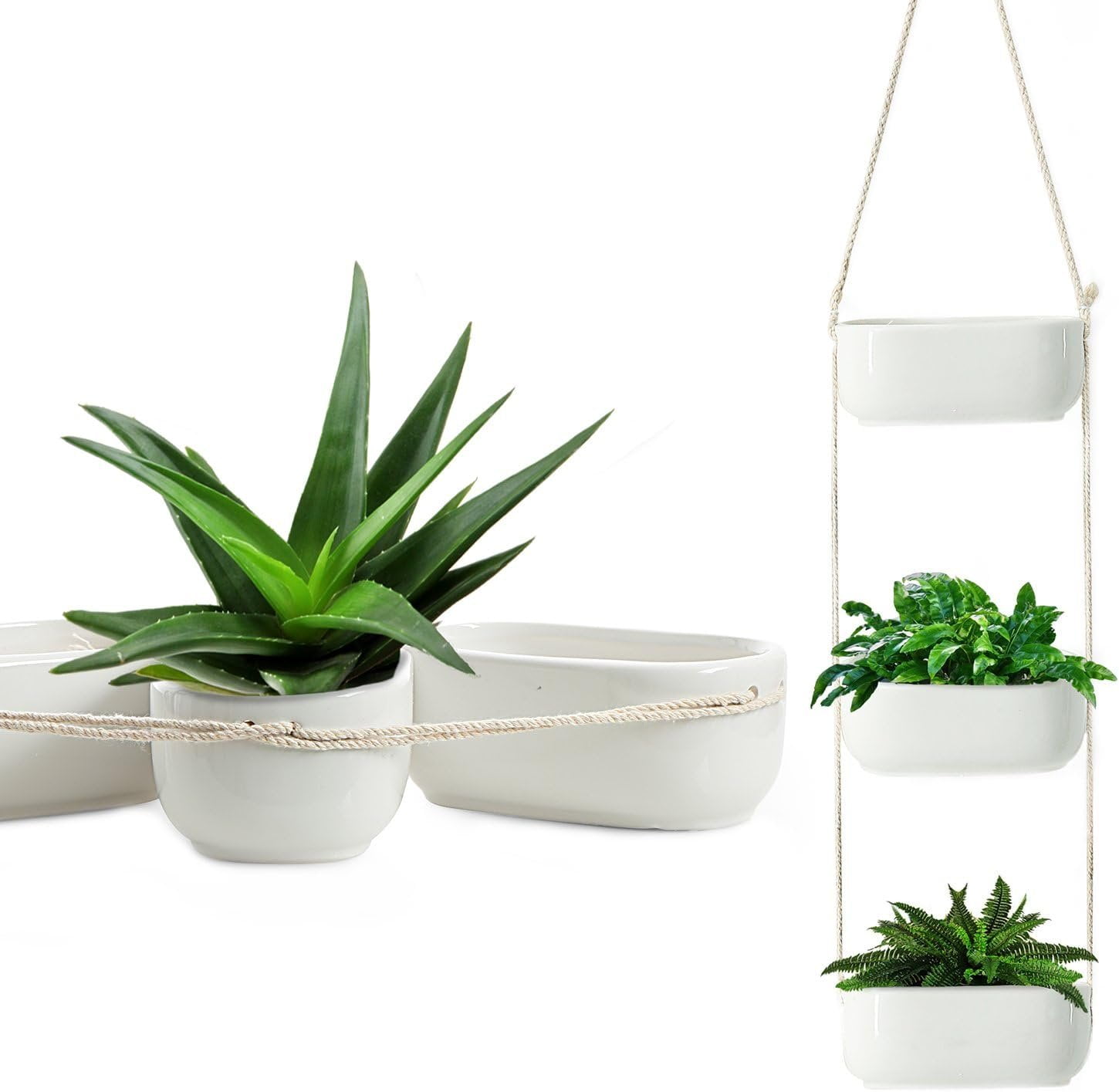 3-Tier Rectangular Hanging Planter, Rustic Ceramic Pots for Indoor ...