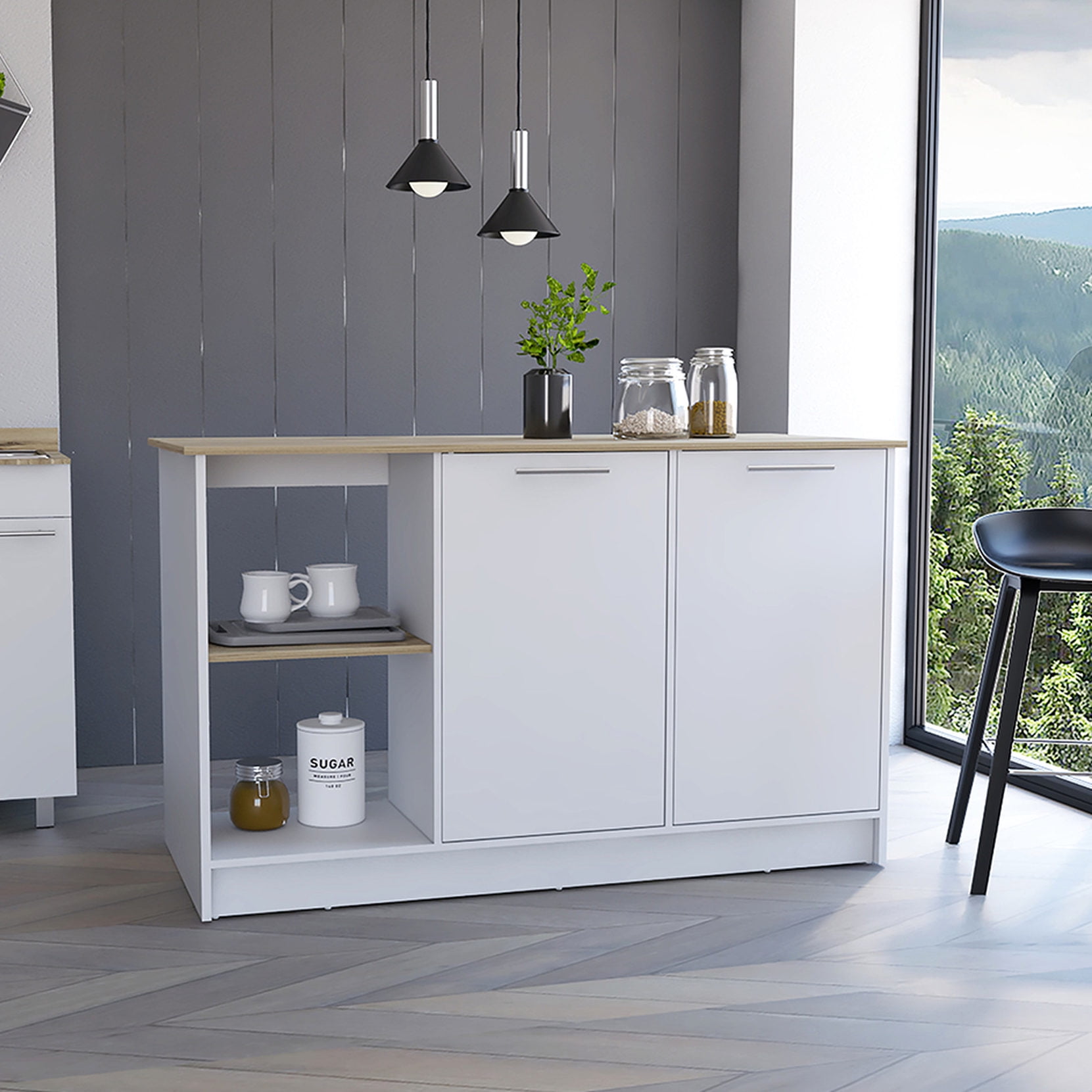 Rectangular Juniper Kitchen Island with Four Open Shelves and Two ...