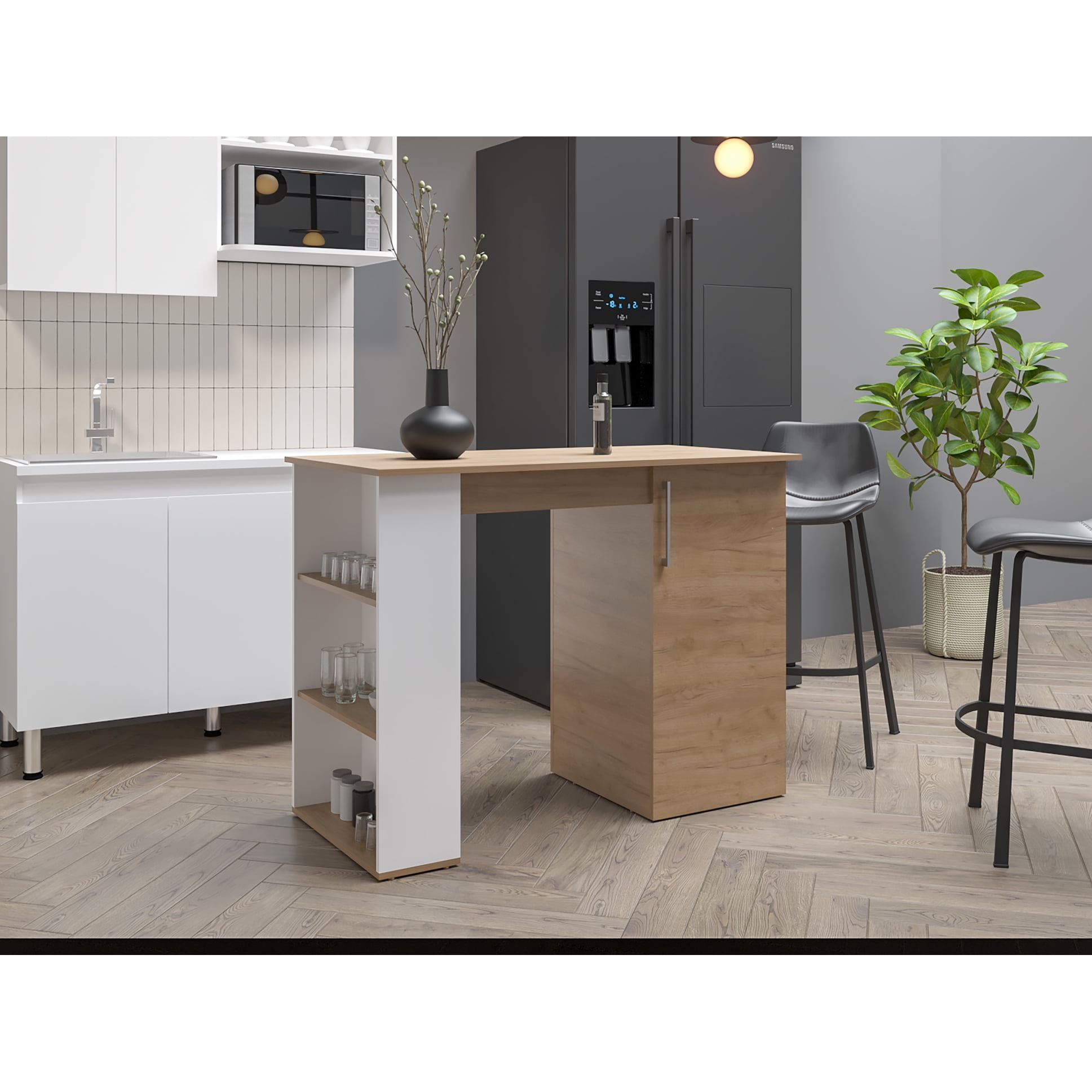 Rectangular Kitchen Island 47", One Cabinet & Five Shelves - White Oak ...