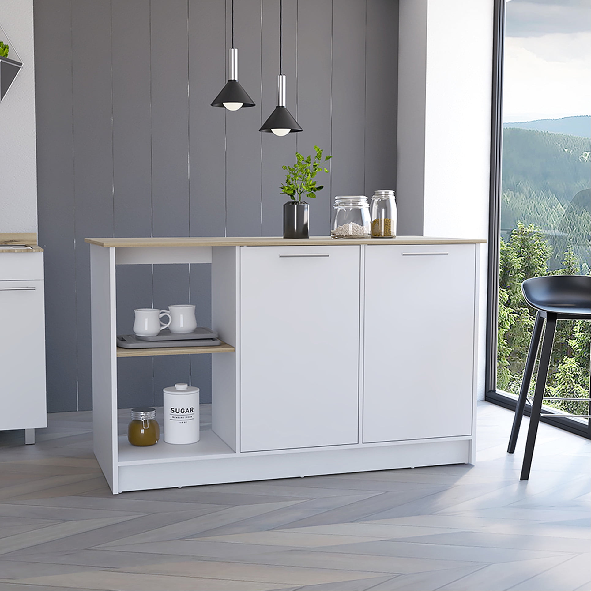 Rectangular Kitchen Island In Oak / White With Cabinet And Shelf ...