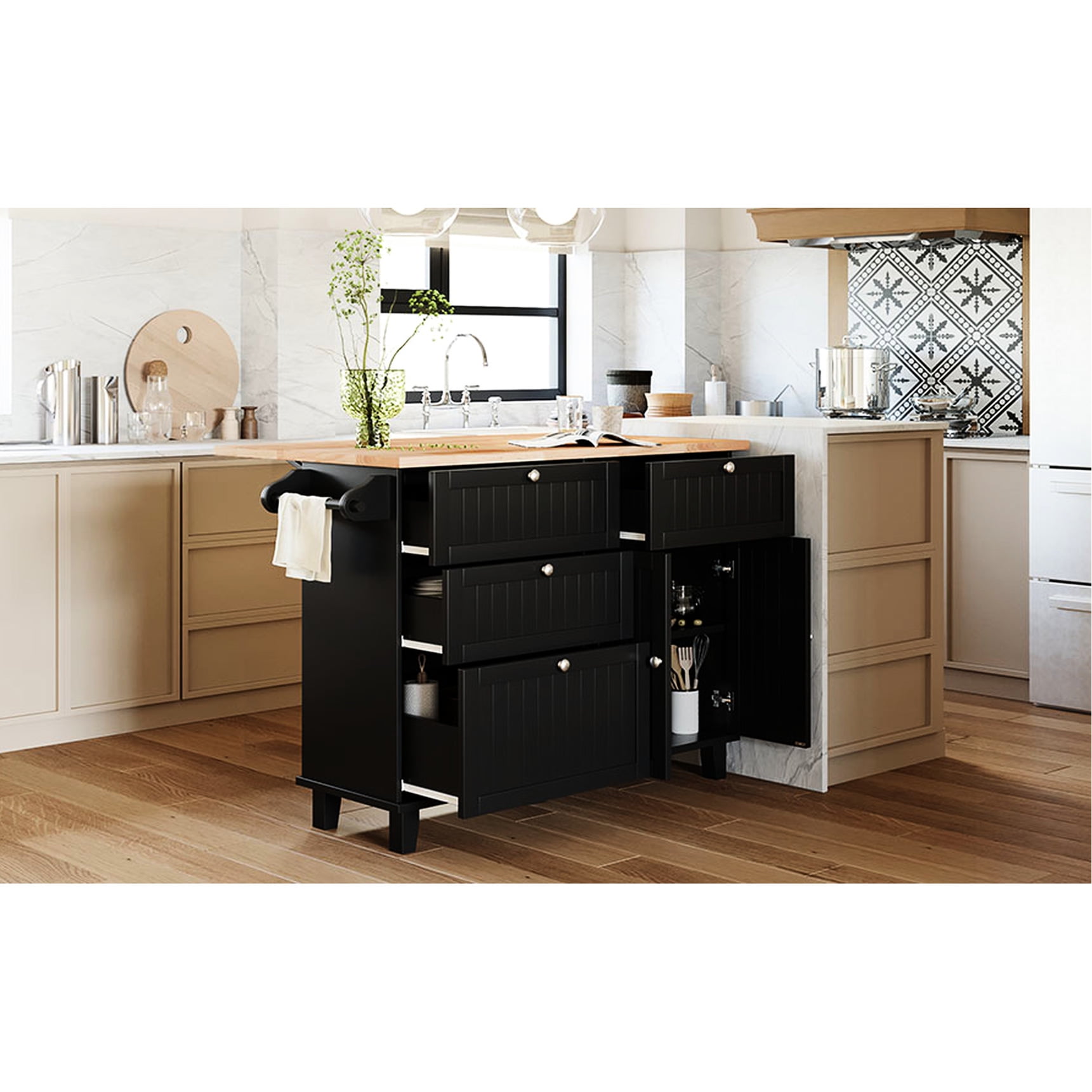 Rectangular Kitchen Island Set with Drop Leaf and Storage - Rubberwood ...