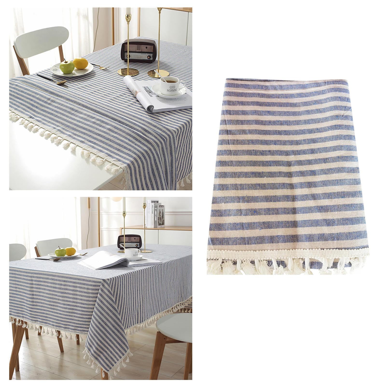 Rectangular Linen Tablecloth With Stripes And Tassels Wipeable Oil And ...