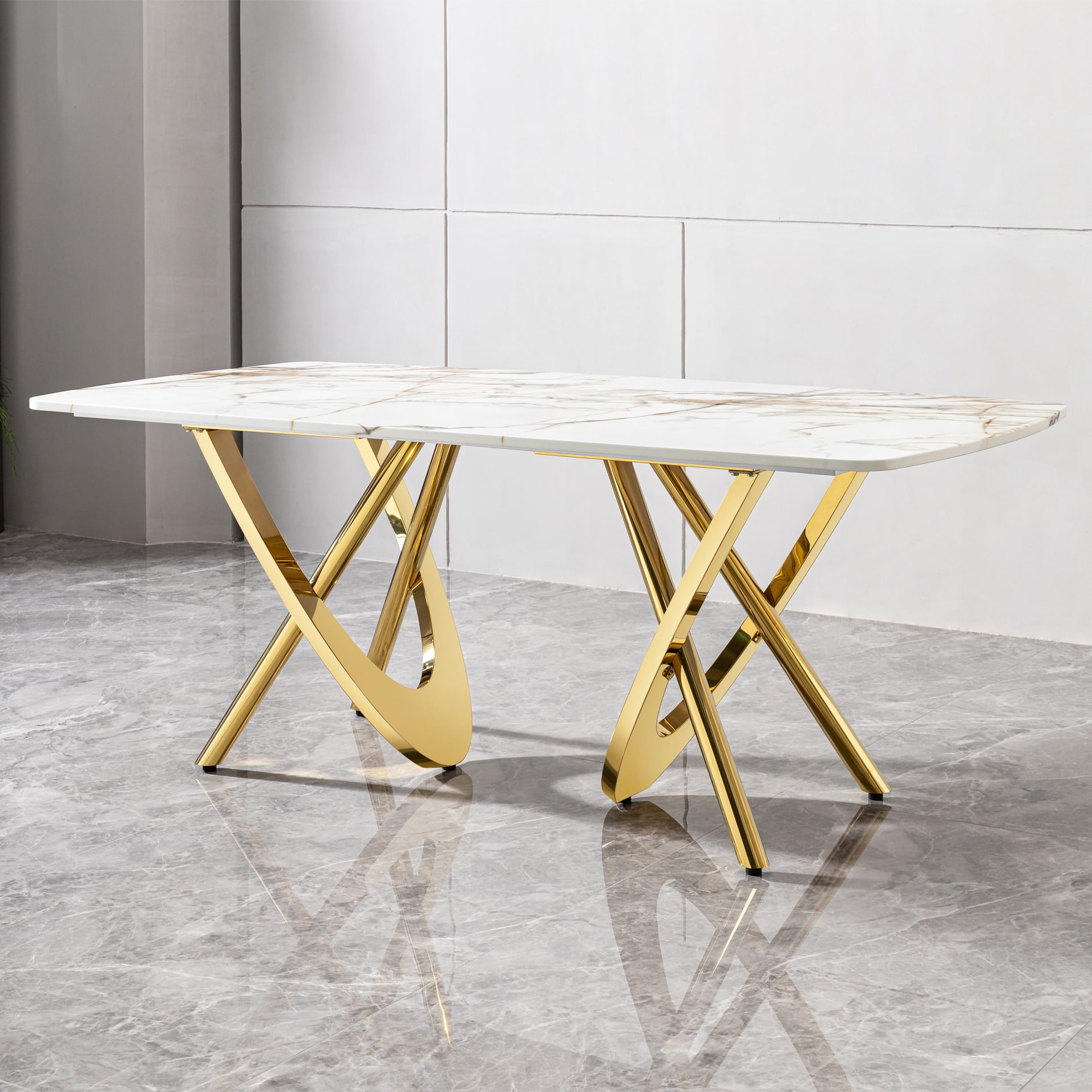 Rectangular Marble Table With Gold Stainless Steel Construction, Seats ...
