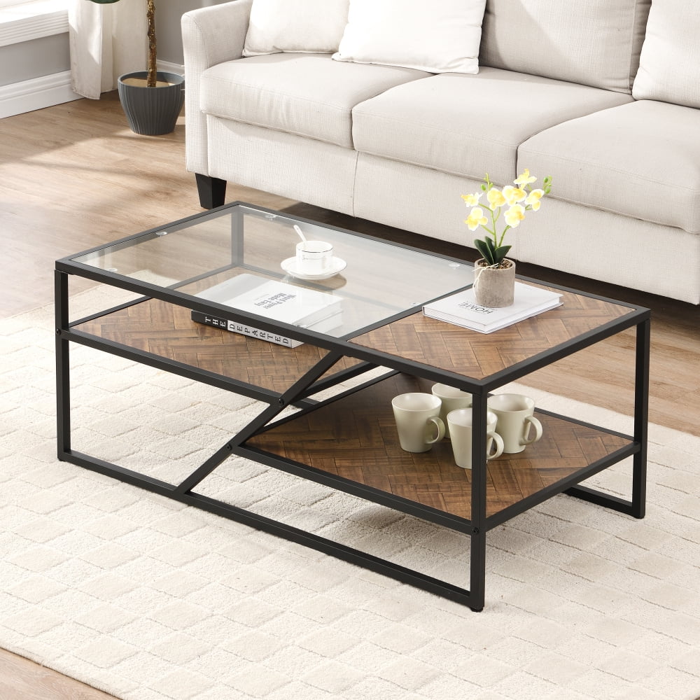 Rectangular Metal Coffee Table with Tempered Glass Tabletop, Center ...