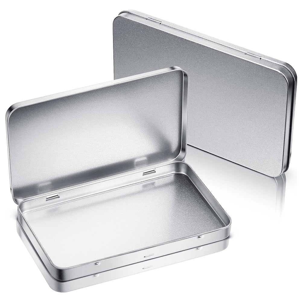 Rectangular Metal Tin Box with Lid Hinged Empty Container Silver ...