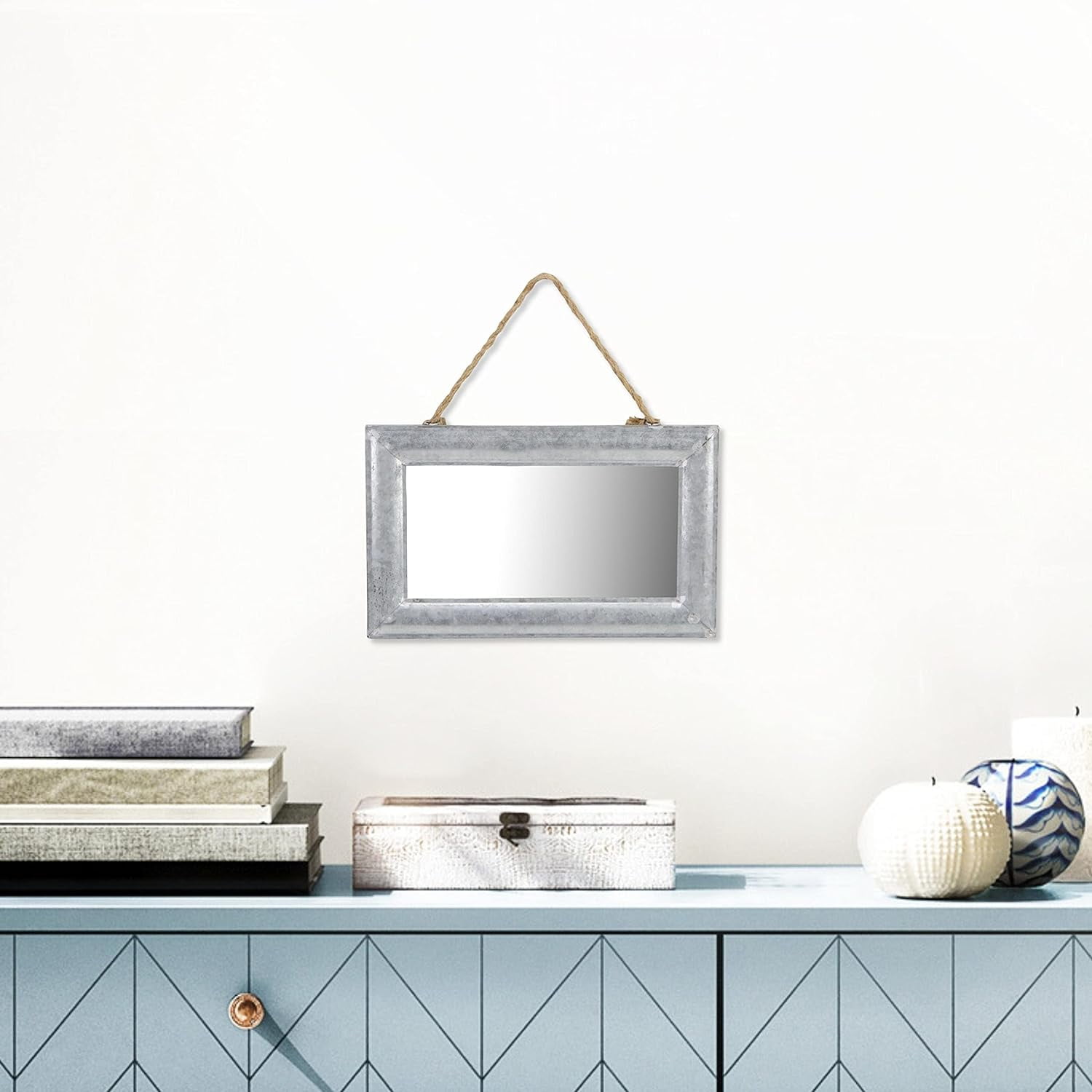 Rectangular Mirror with Galvanized Metal Frame and Hanging Rope, Silver ...