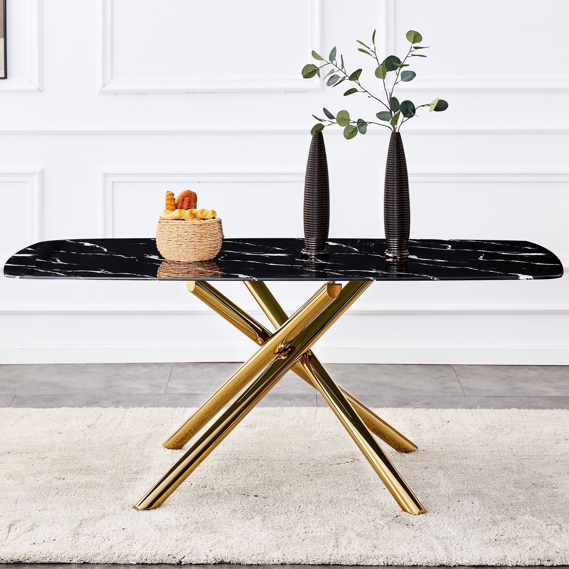 Rectangular Modern Dining Table With Marble Top And Golden Metal Legs ...