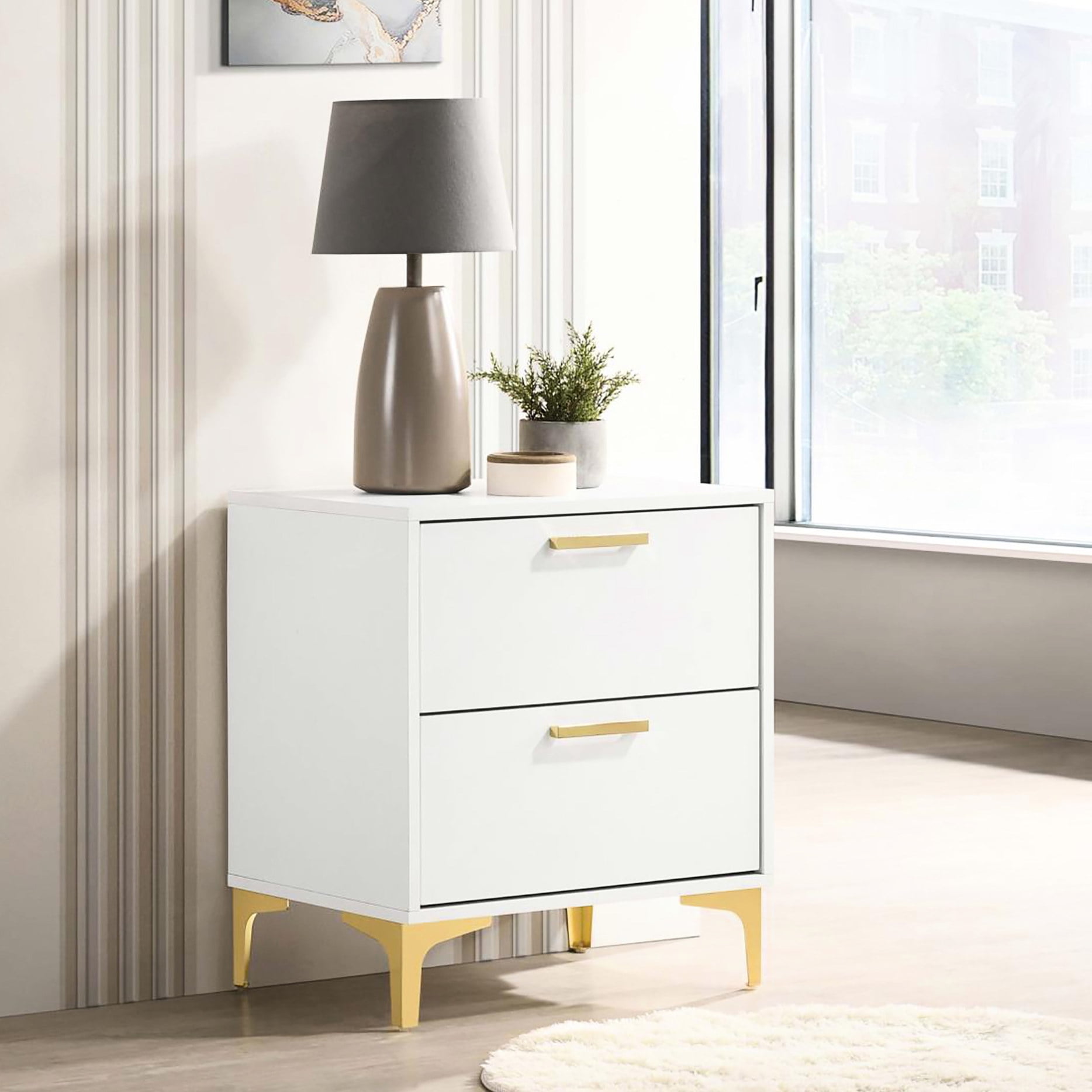 Rectangular Nightstand with 2 Drawers in White and Gold | Ideal for ...