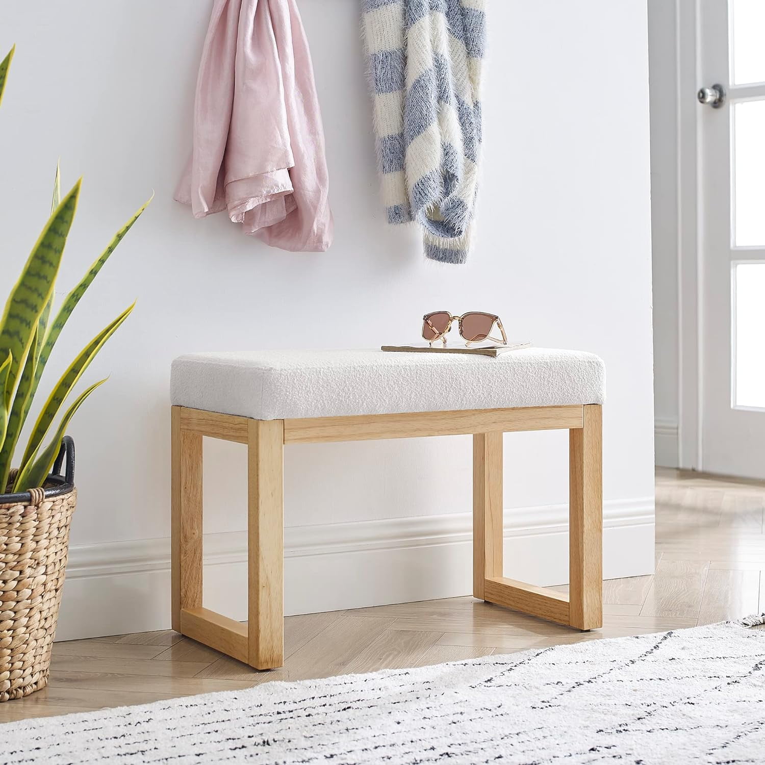 Rectangular Ottomans Bench, 24 Inch Footstool, Made Loop Yarn Fabric ...