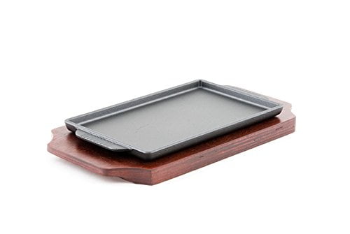 Rectangular Personal Size Cast Iron Steak Plate Sizzle Griddle With Wooden Base Steak Pan Grill