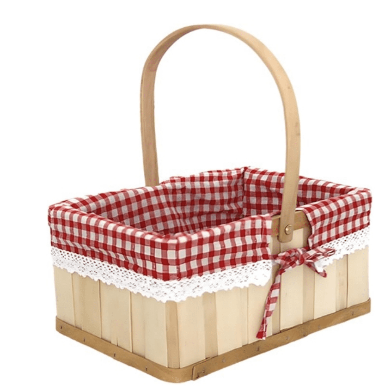 Rectangular Picnic Baskets, 5L Small Wooden Basket with Folding Handles and Removable Gingham ...