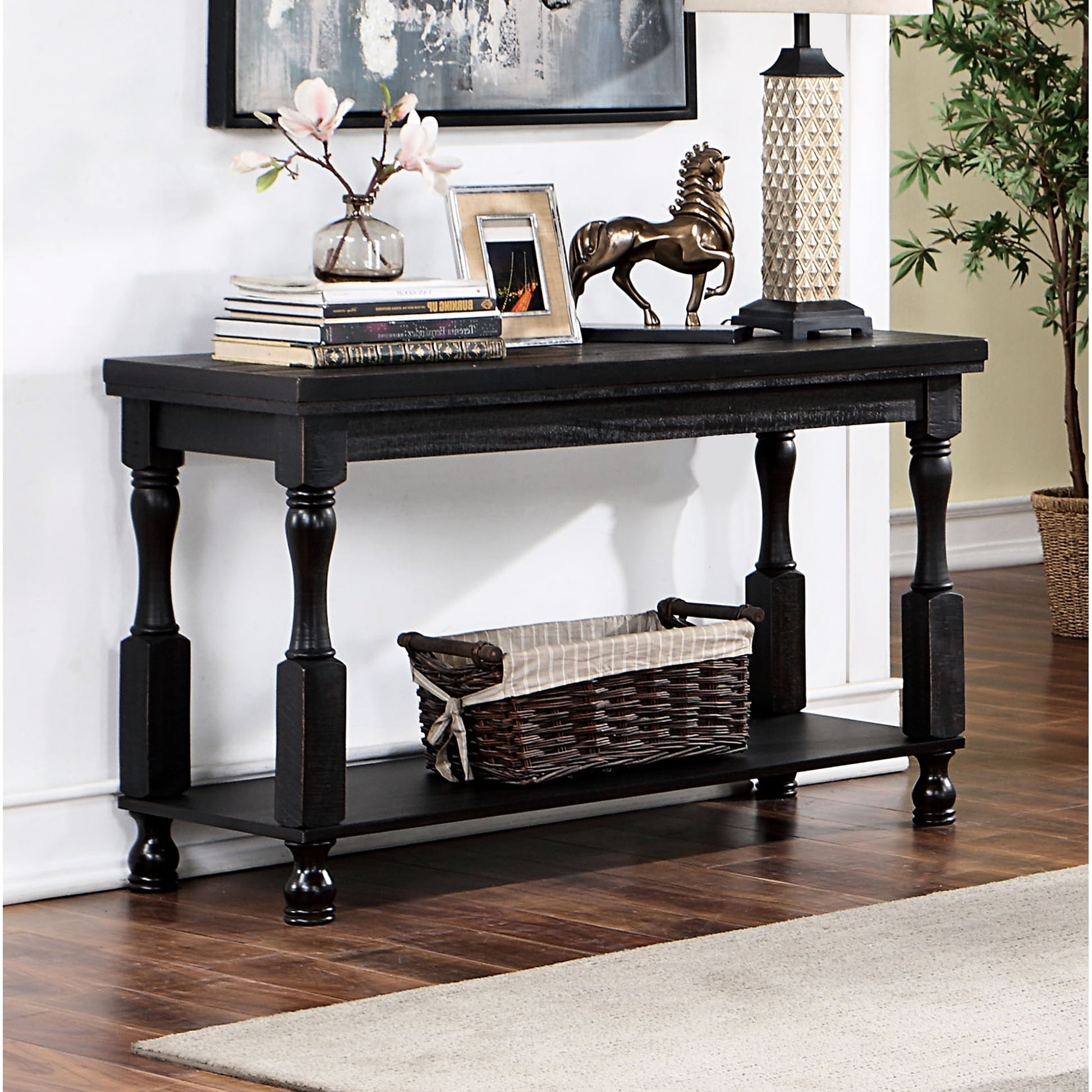 Rectangular Rustic Table, Antique Black With Solid Wood Plank Style Top ...