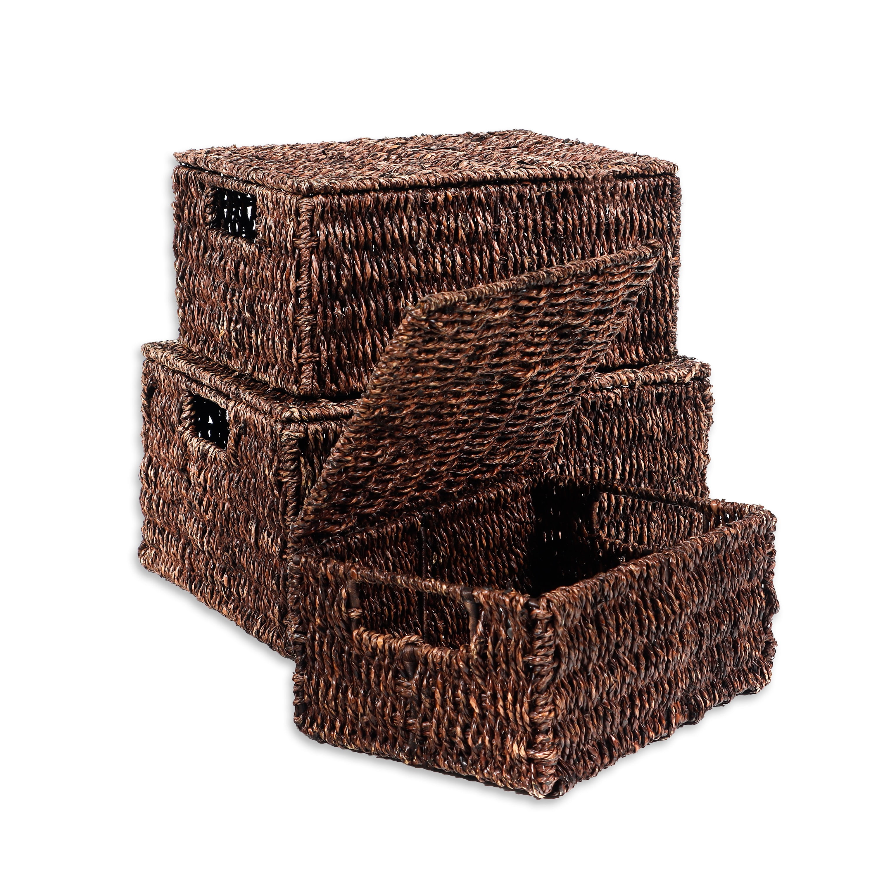 Rectangular Seagrass Baskets with Lids (Set of 3, Brown) - Walmart.com
