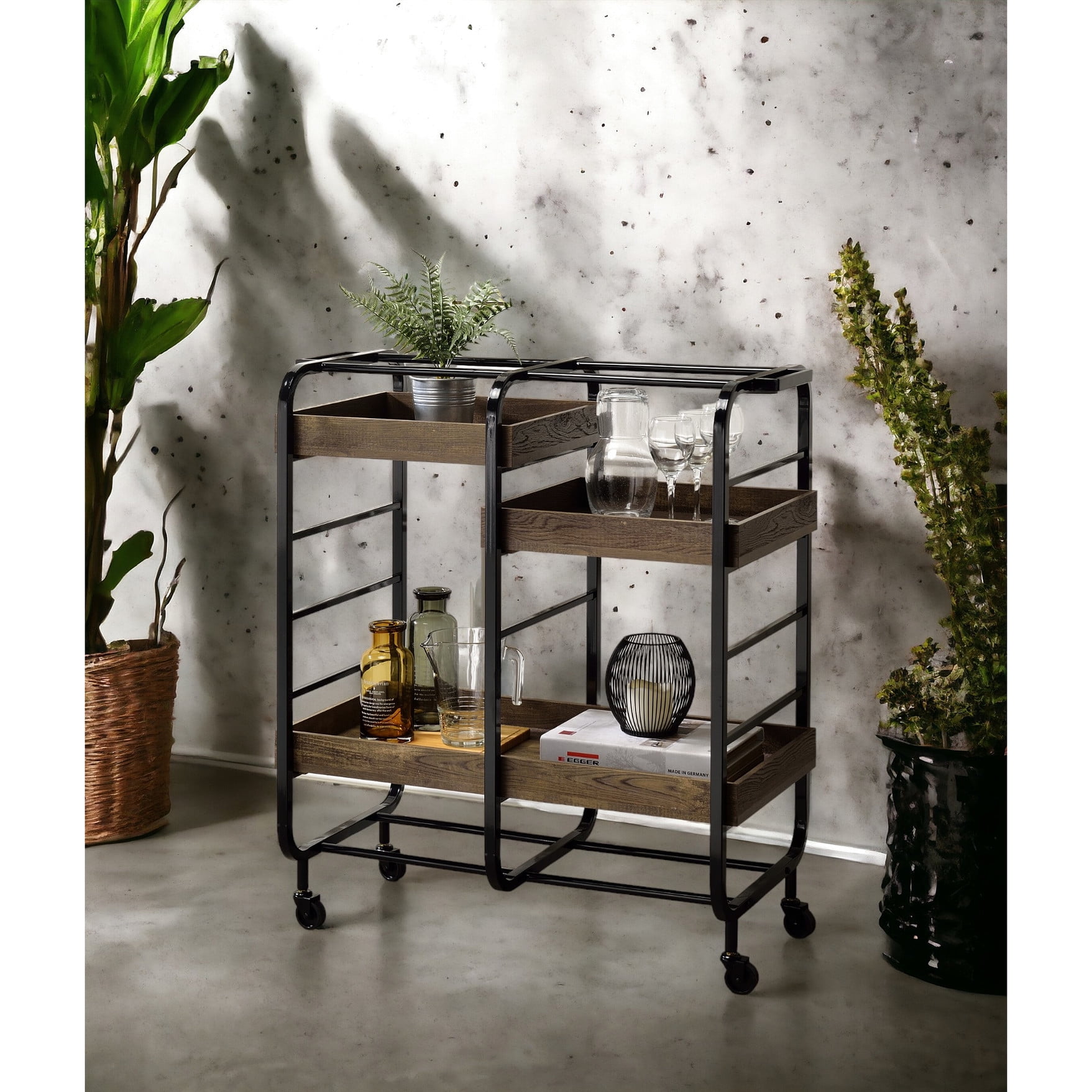 Rectangular Serving Cart / Black & Walnut Design, 3 Removable Trays, 17 ...
