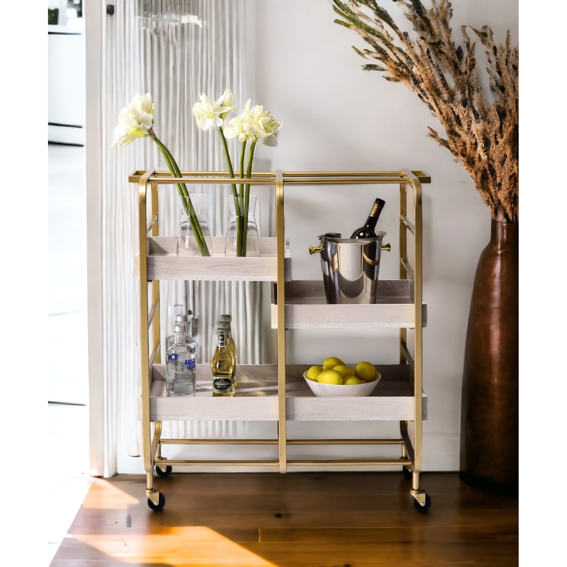Rectangular Serving Cart in Gold & White | 3 Trays for Multiple Purposes, Caster Wheels for ...