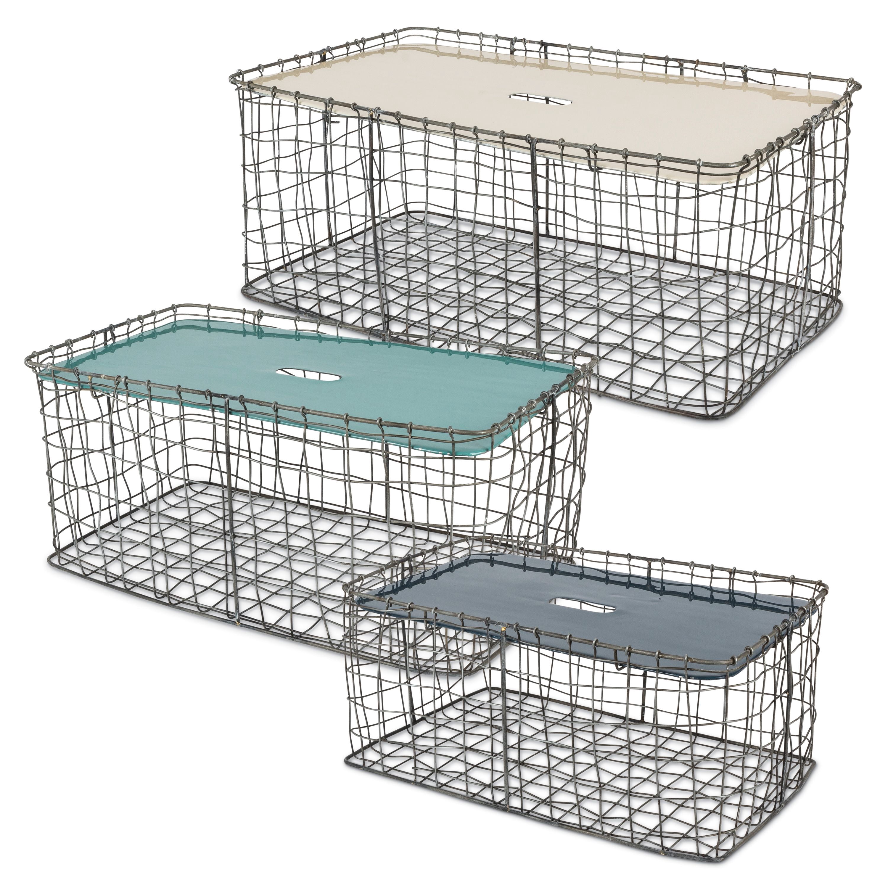 Rectangular Stacking Chicken Wire Baskets with Enameled Top (Set of 3 ...