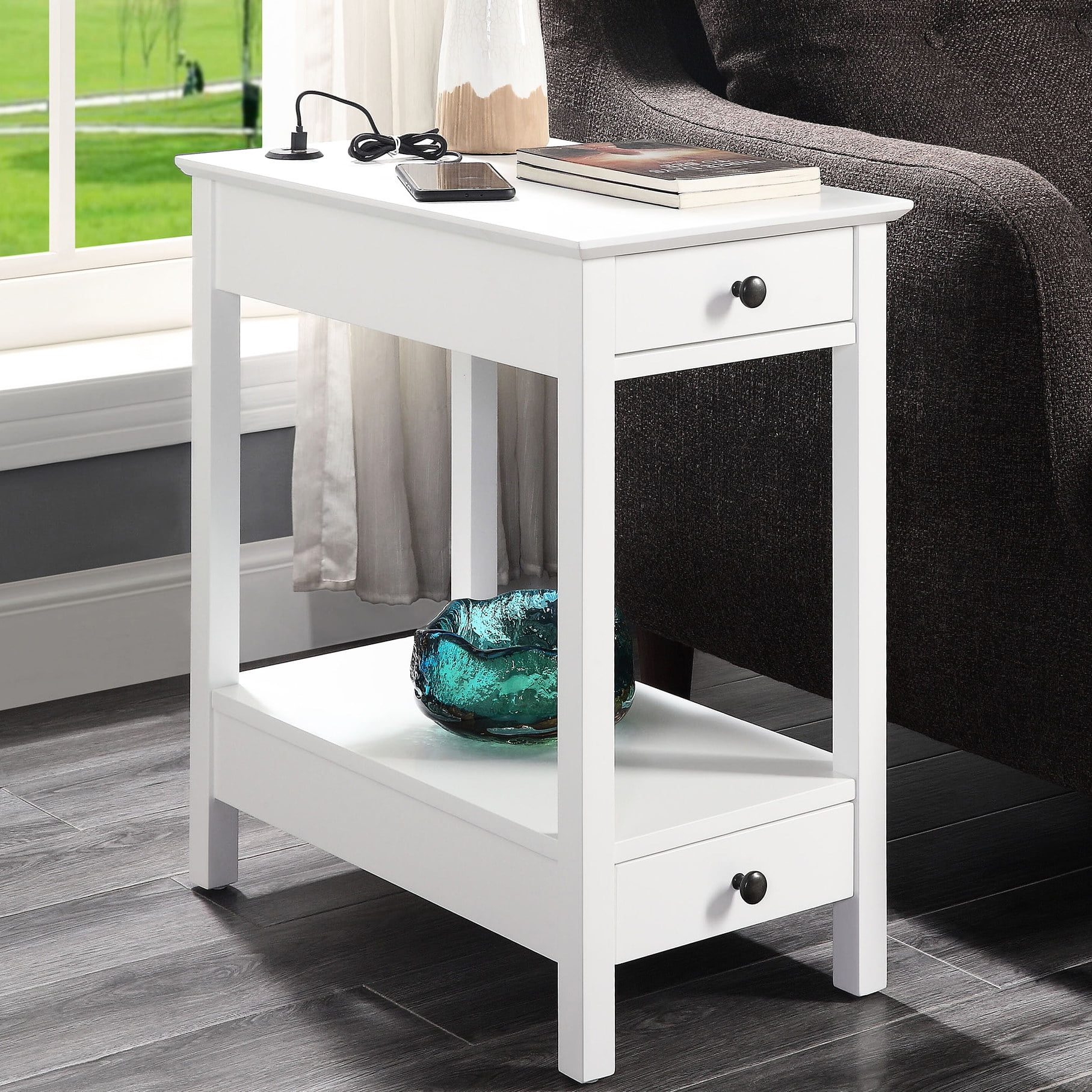 Rectangular Storage Accent Table in White | USB Charging for Devices in ...