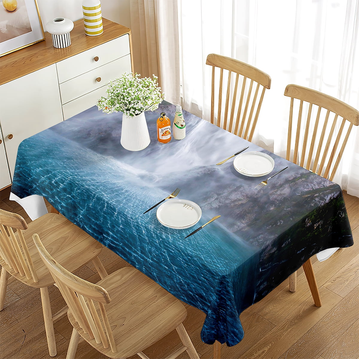 Rectangular Tablecloth Waterfall View Forest Water Art r Tablecloth for ...