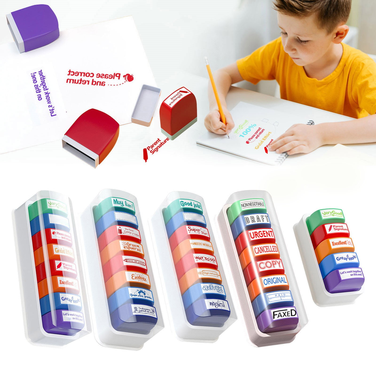 Rectangular Teacher Stamps for Grading Classroom，Parent Signature Teacher Self-Inking Set Stamps ...