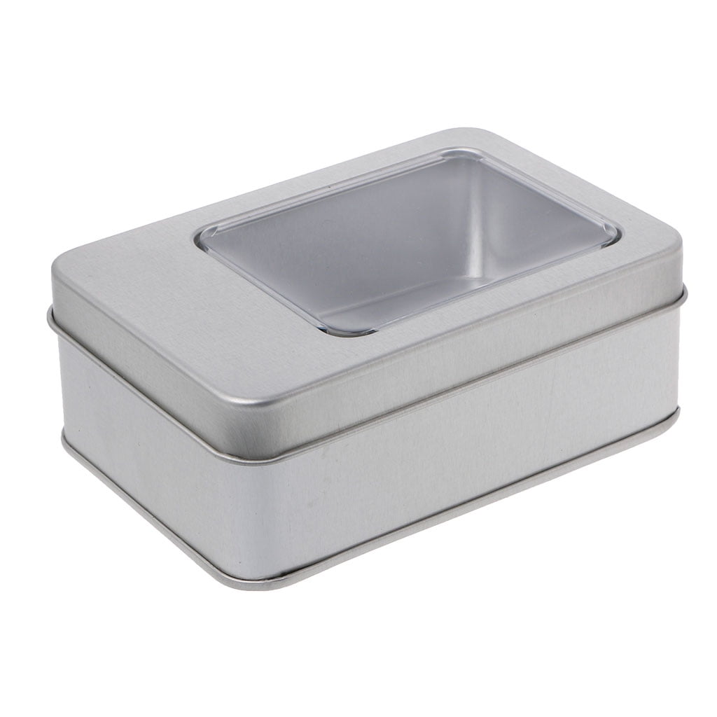 Rectangular Tinplate Storage Box with Half Clear Window Lid Metal Tin ...