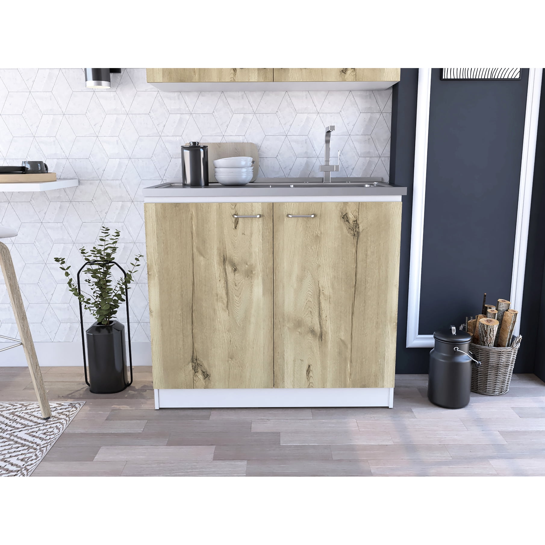 Rectangular Utility Sink Cabinet In White And Oak - Space Saving Modern ...