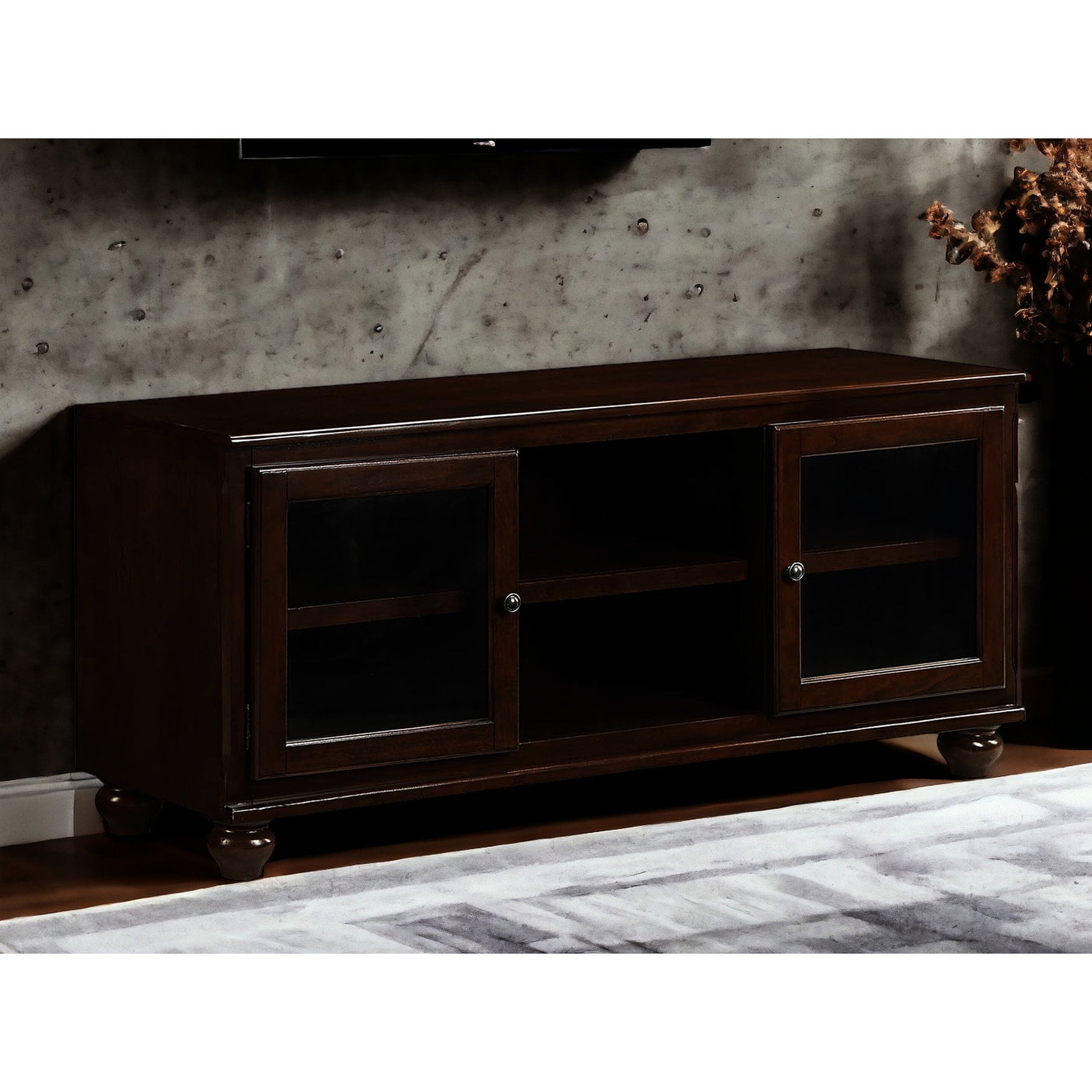 Rectangular Walnut Finish TV Stand - Two Glass Doors for Easy Access ...