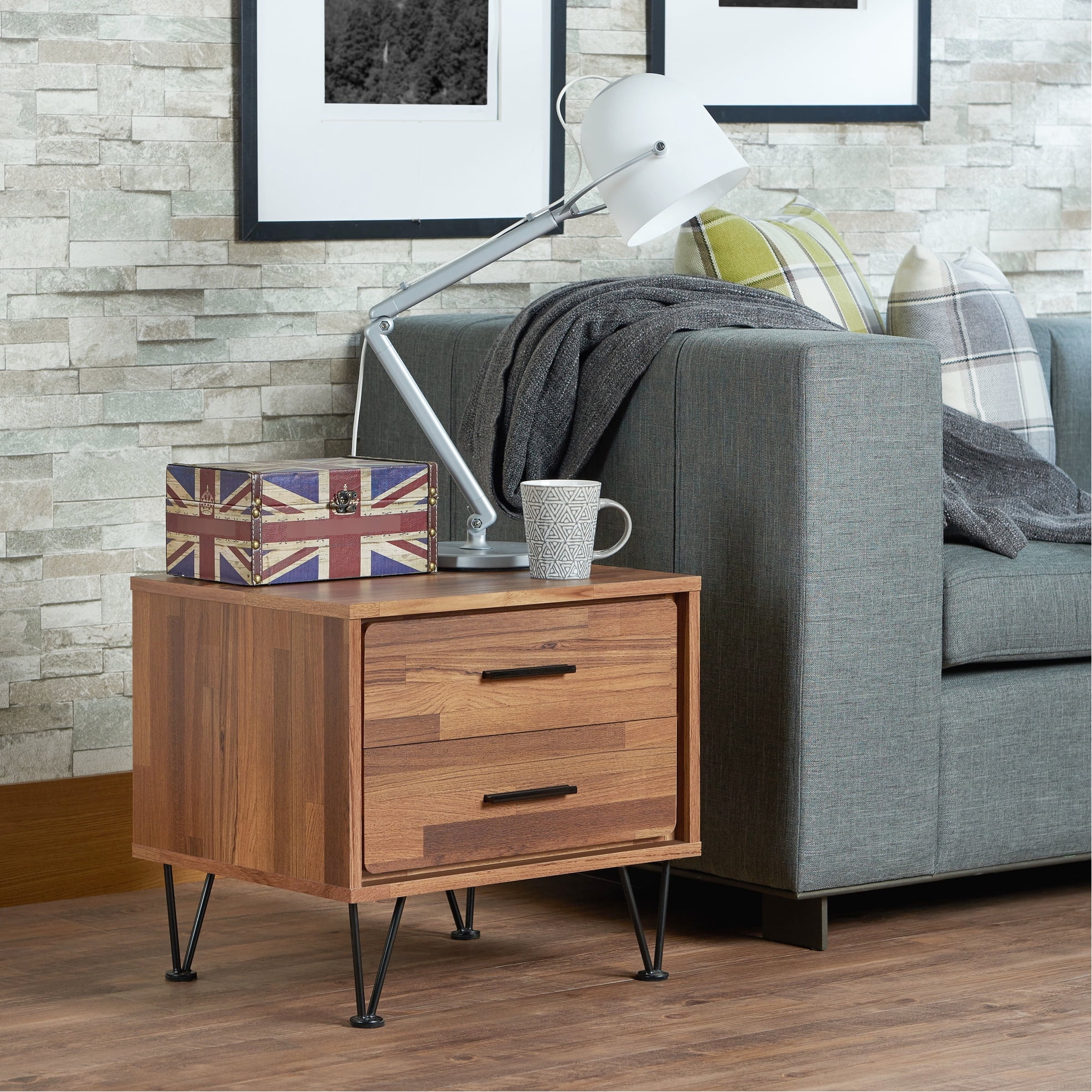 Rectangular Walnut Table With 2 Drawers And Metal Leg Supports Walnut ...