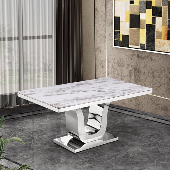 Genuine White Marble Rectangular Dining Table with Silver Stainless ...