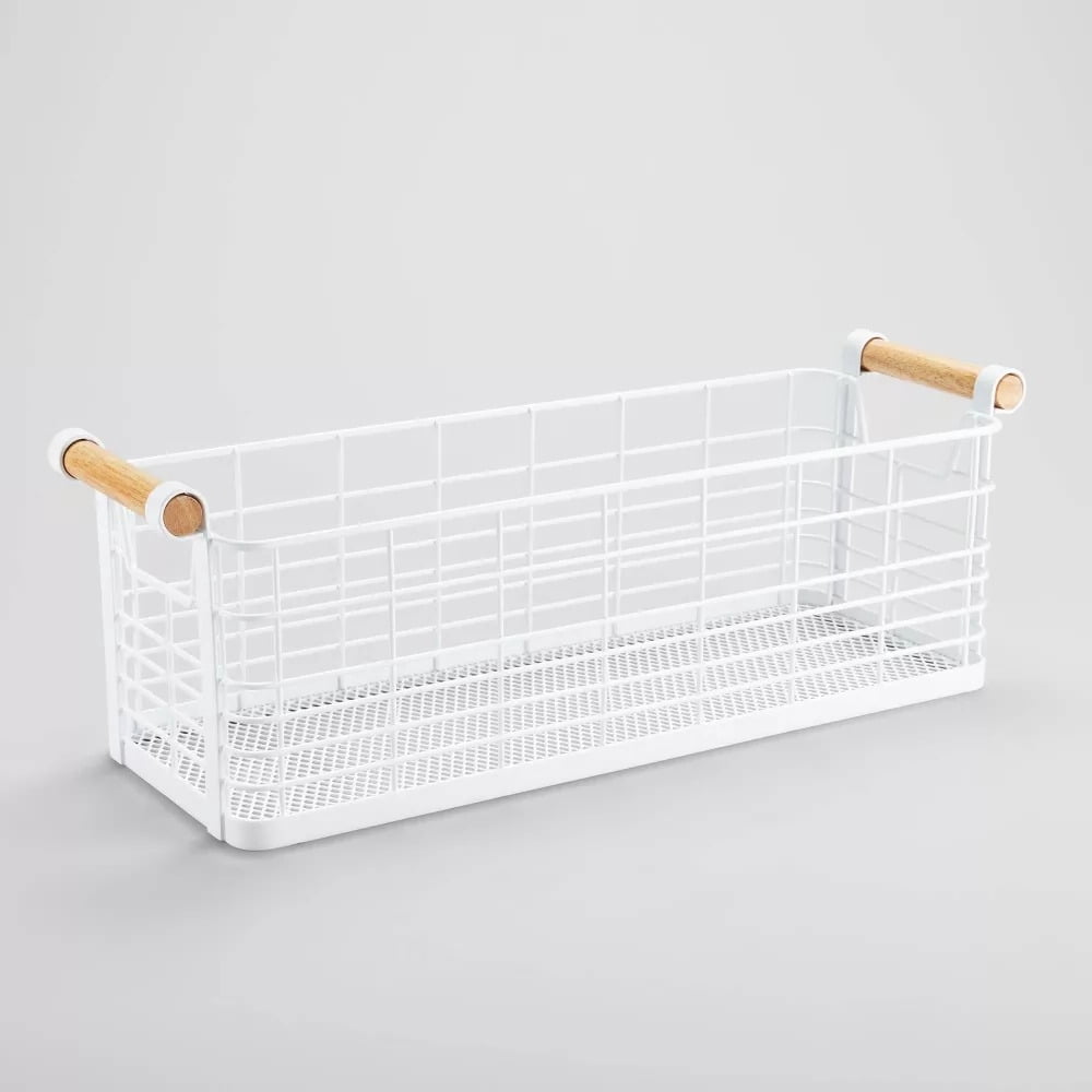 Rectangular Wire Storage Basket with Natural Wood Handles, Metal Wire ...