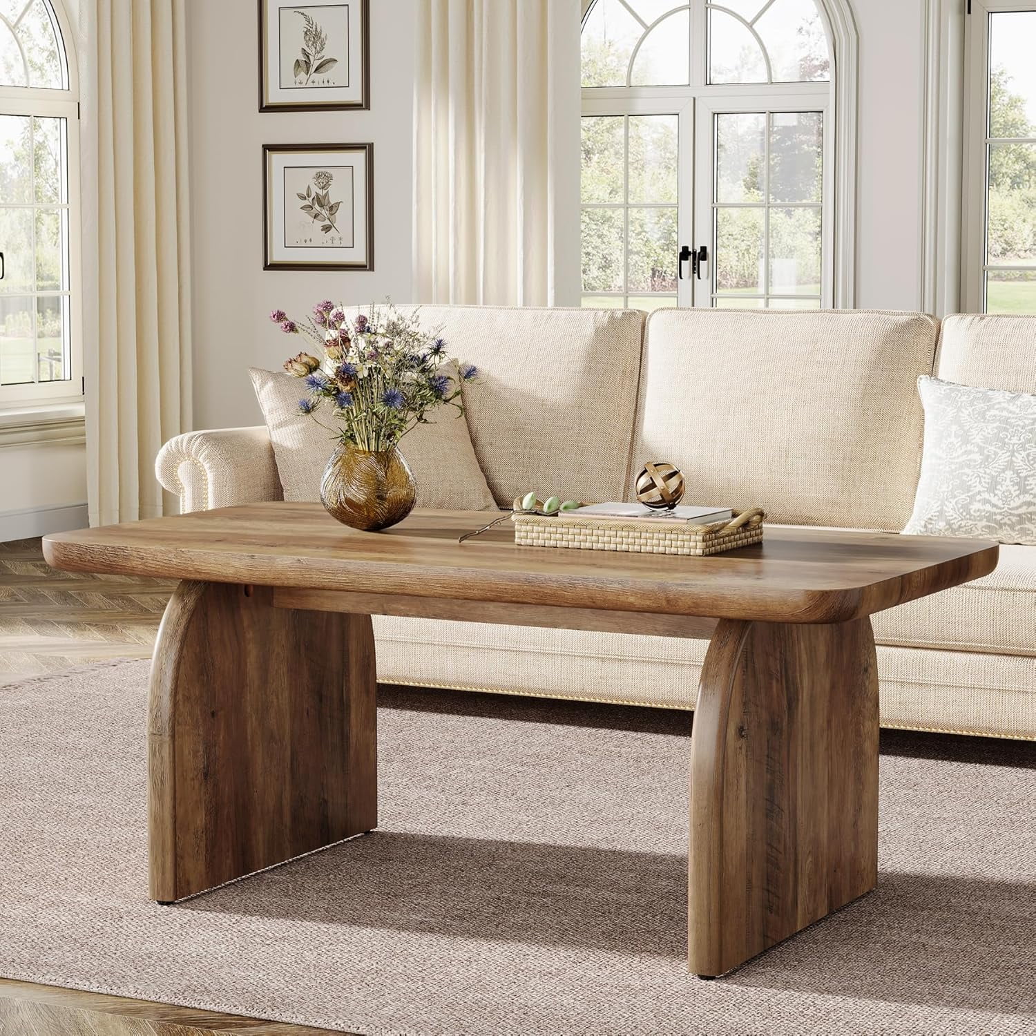 Rectangular Wood Coffee Table, 47-Inch Farmhouse Rustic Brown Finish ...