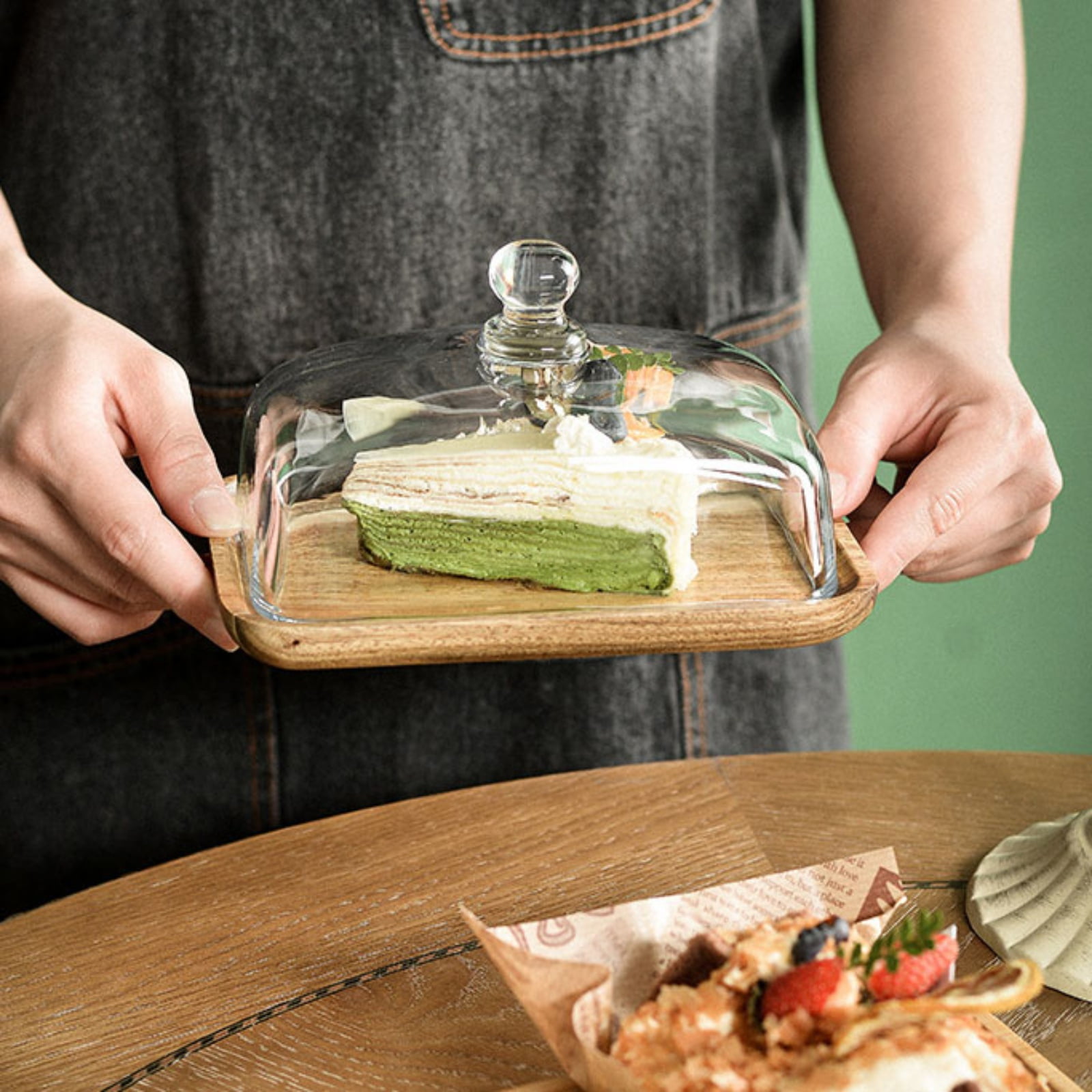 Rectangular Wooden Cake Stand with Glass Dome,Large Mini Cake Plate ...
