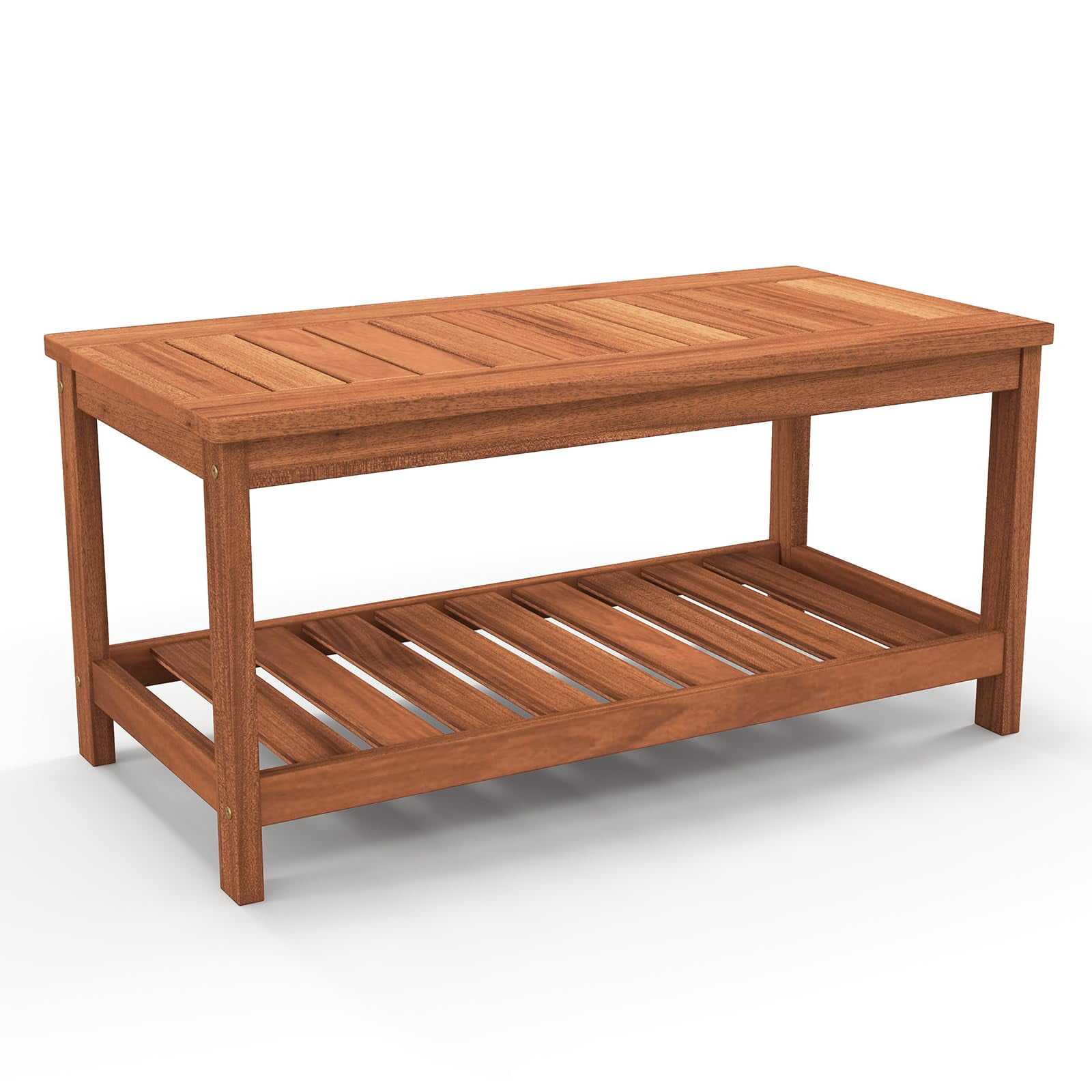 Rectangular Wooden Patio Table with Slat Design and Lower Shelf ...